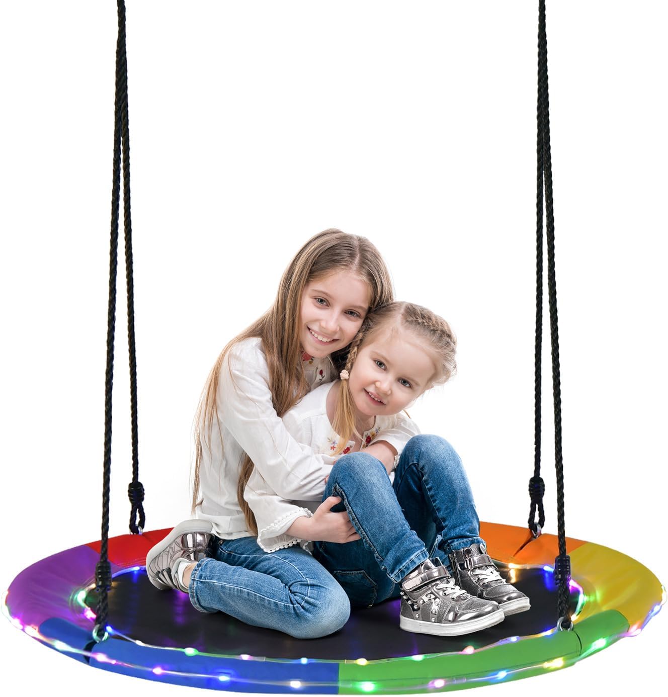 GYMAX Kids Nest Swing, 100cm Round Tree Swings with LED Lights & Height ...