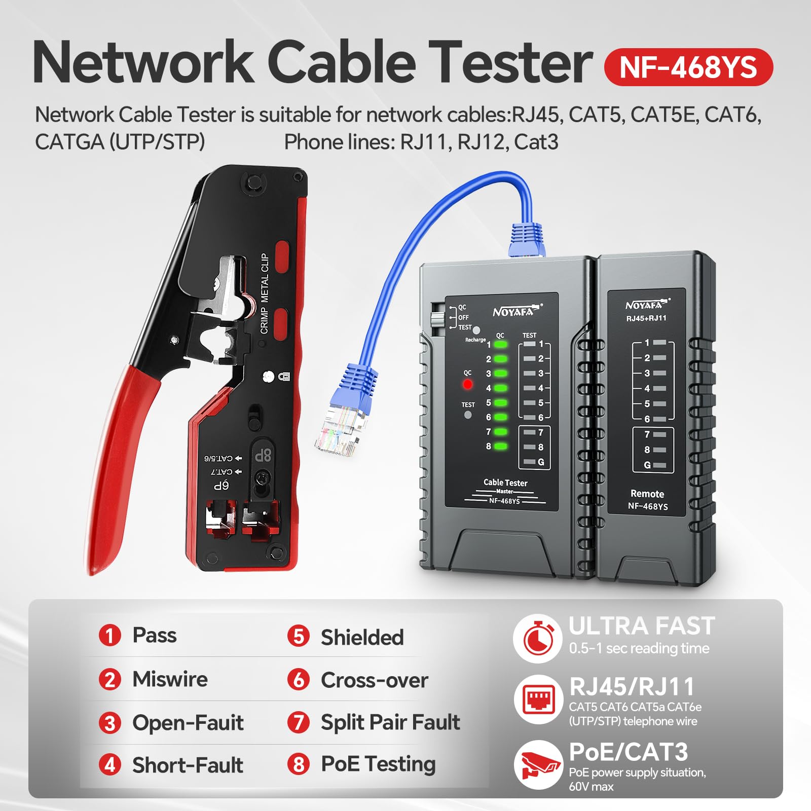 Snapklik.com : NOYAFA Network Cable Tester, RJ45 Crimp Tool, RJ11 RJ45 ...