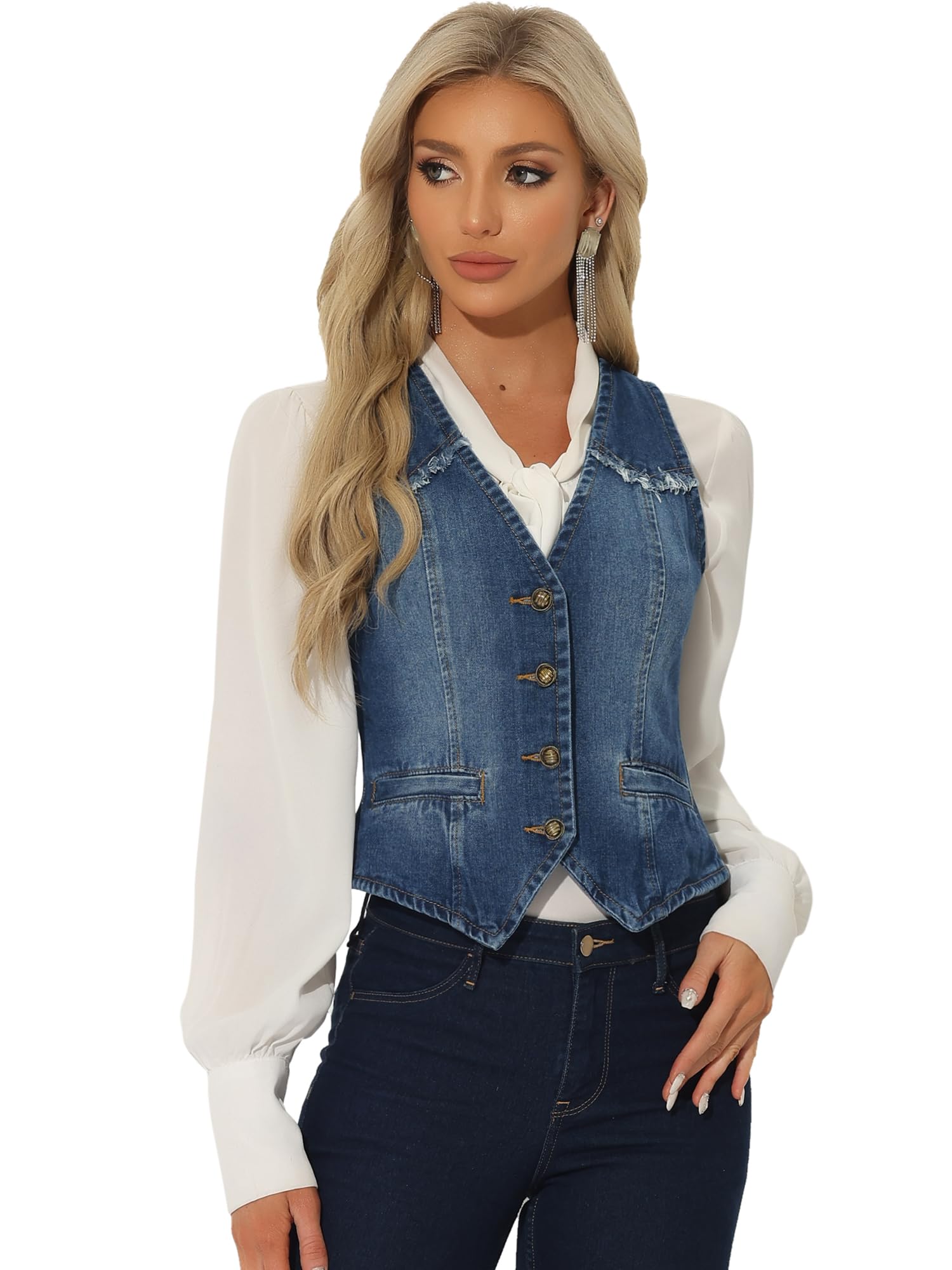 Allegra K Denim Vest for Women's Sleeveless V Neck Washed Distressed ...