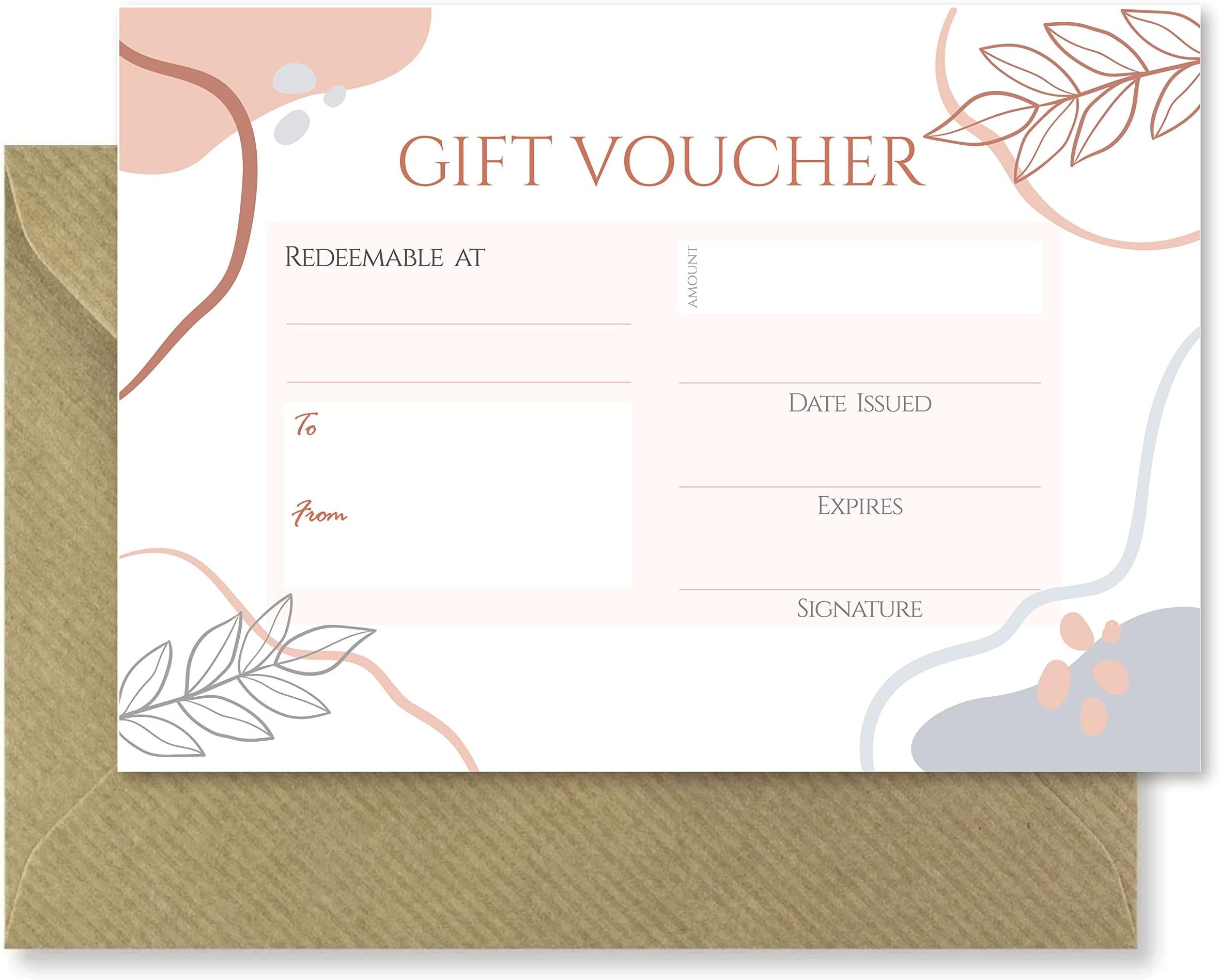 20 x Blank Gift Vouchers & Envelopes - Double Sided Abstract Rose Gold ...