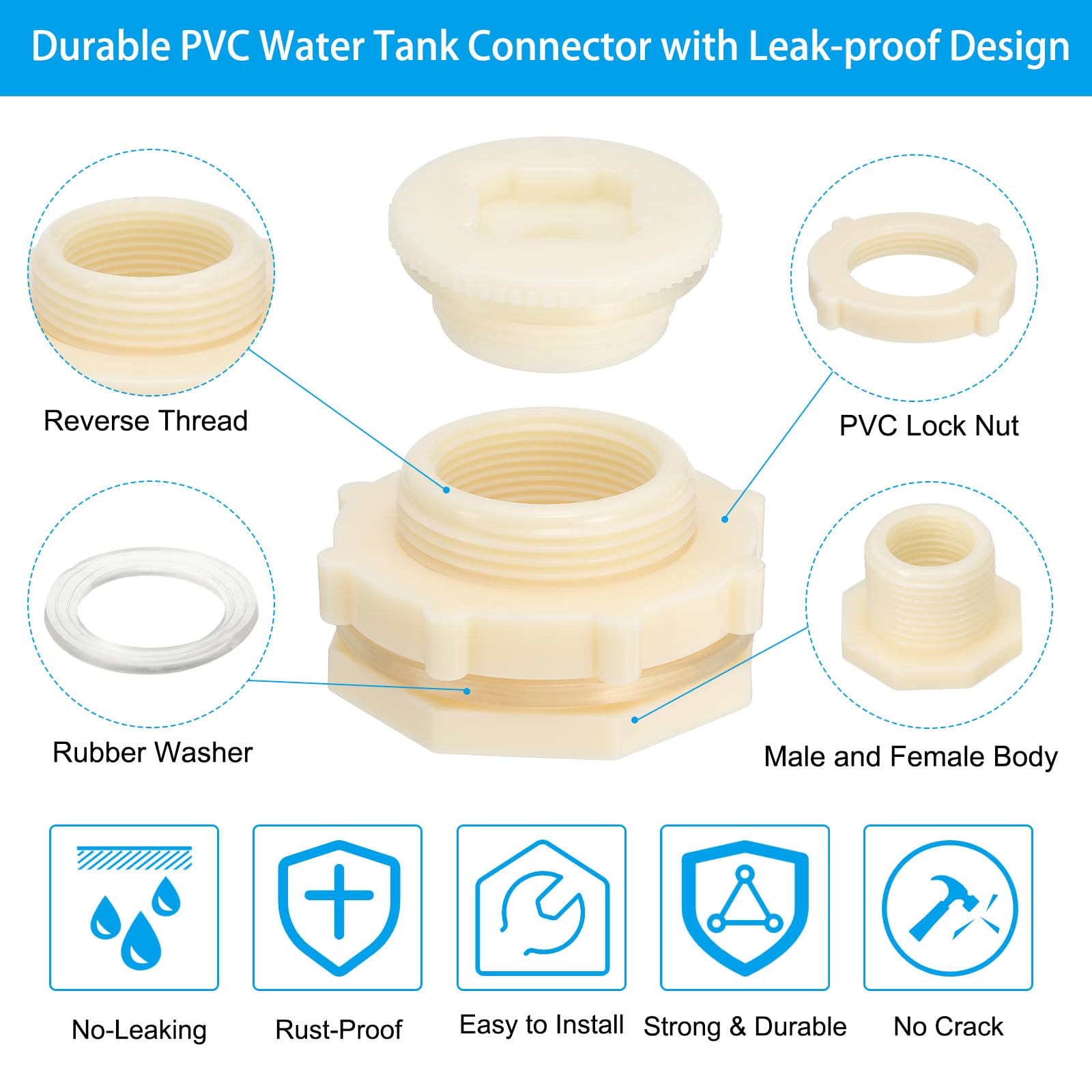 PATIKIL ABS Bulkhead Fitting G 1-1/2, 2 Pcs Double Threaded Bulkhead ...