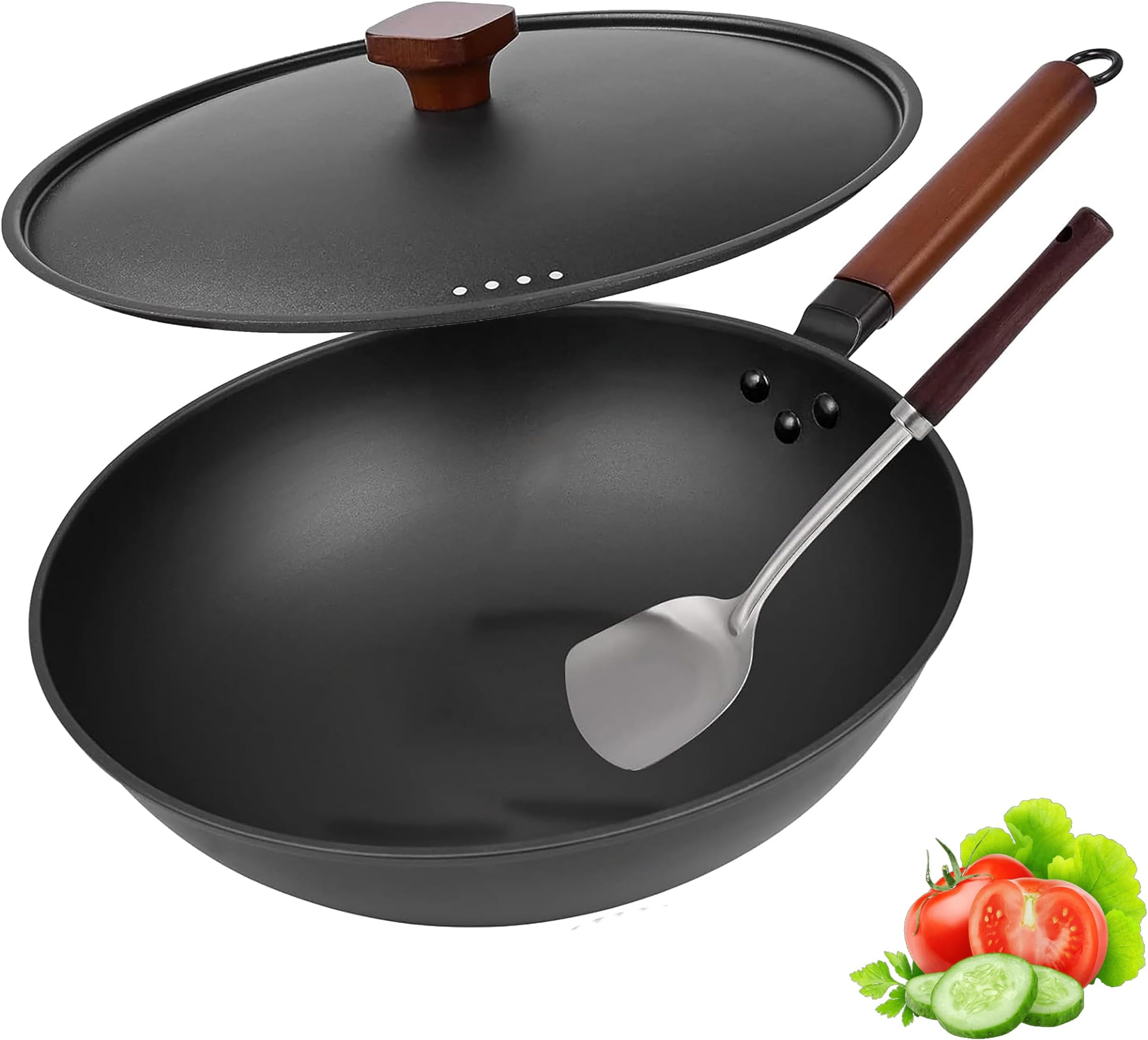 Amazon.com: Carbon Steel Wok Pan With Lid, 13Inch Nonstick Woks & Stir ...