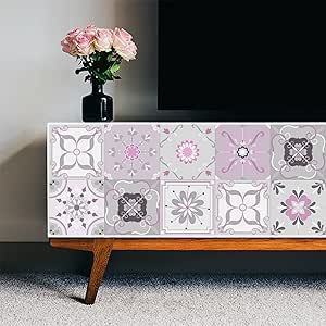 Amazon.com: Stylish Tile Stickers Pink Grey Pattern Peel and Stick ...