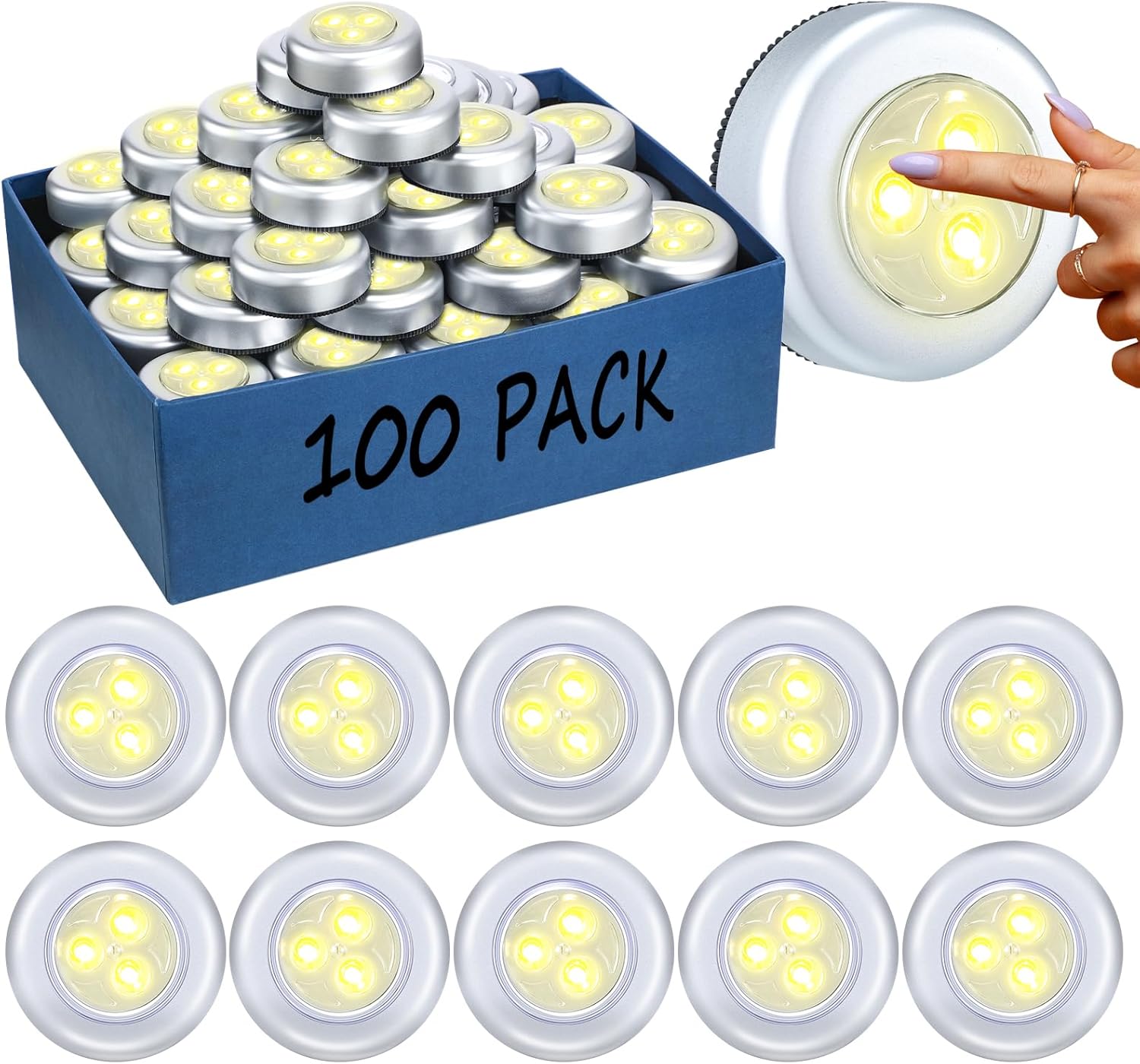 Hoolerry 100 Pack Led Puck Lights Bulk Push Lights Stick on Battery ...