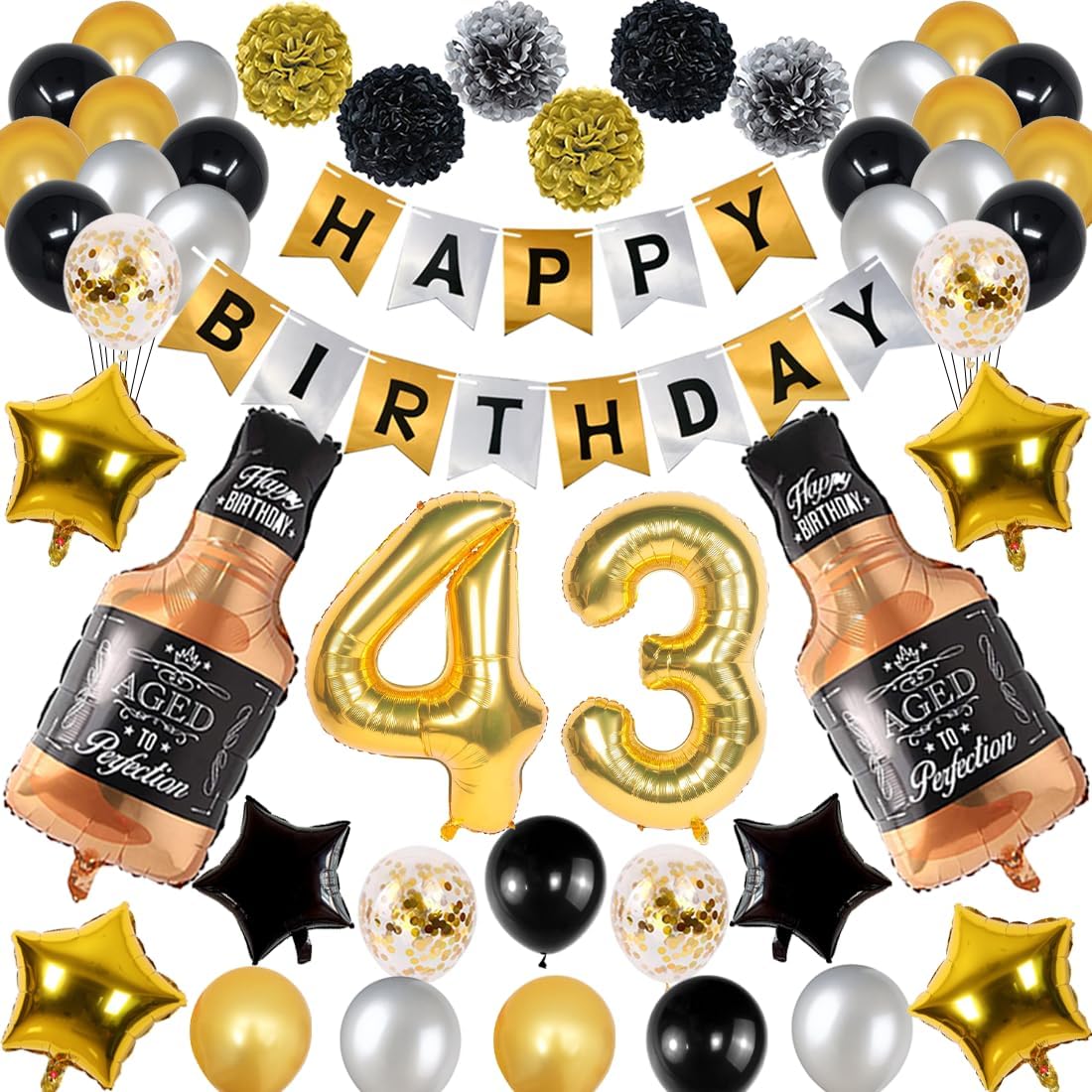 Amazon.com: NANINUNENO 43rd Gold Birthday Decorations, Gold Black ...