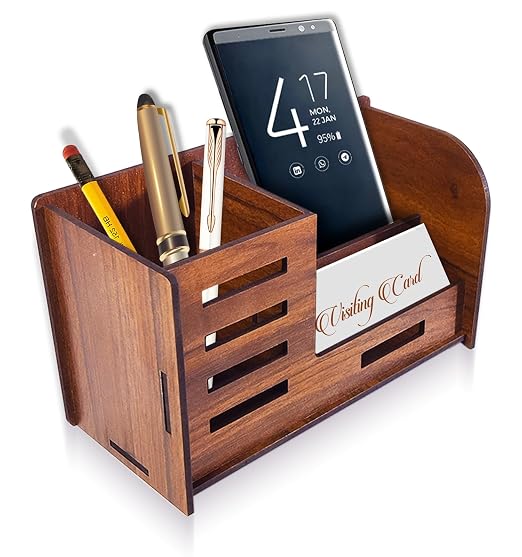 Wooden Desk Organizer with 3 Compartments, Pen Stand, Visiting Card ...