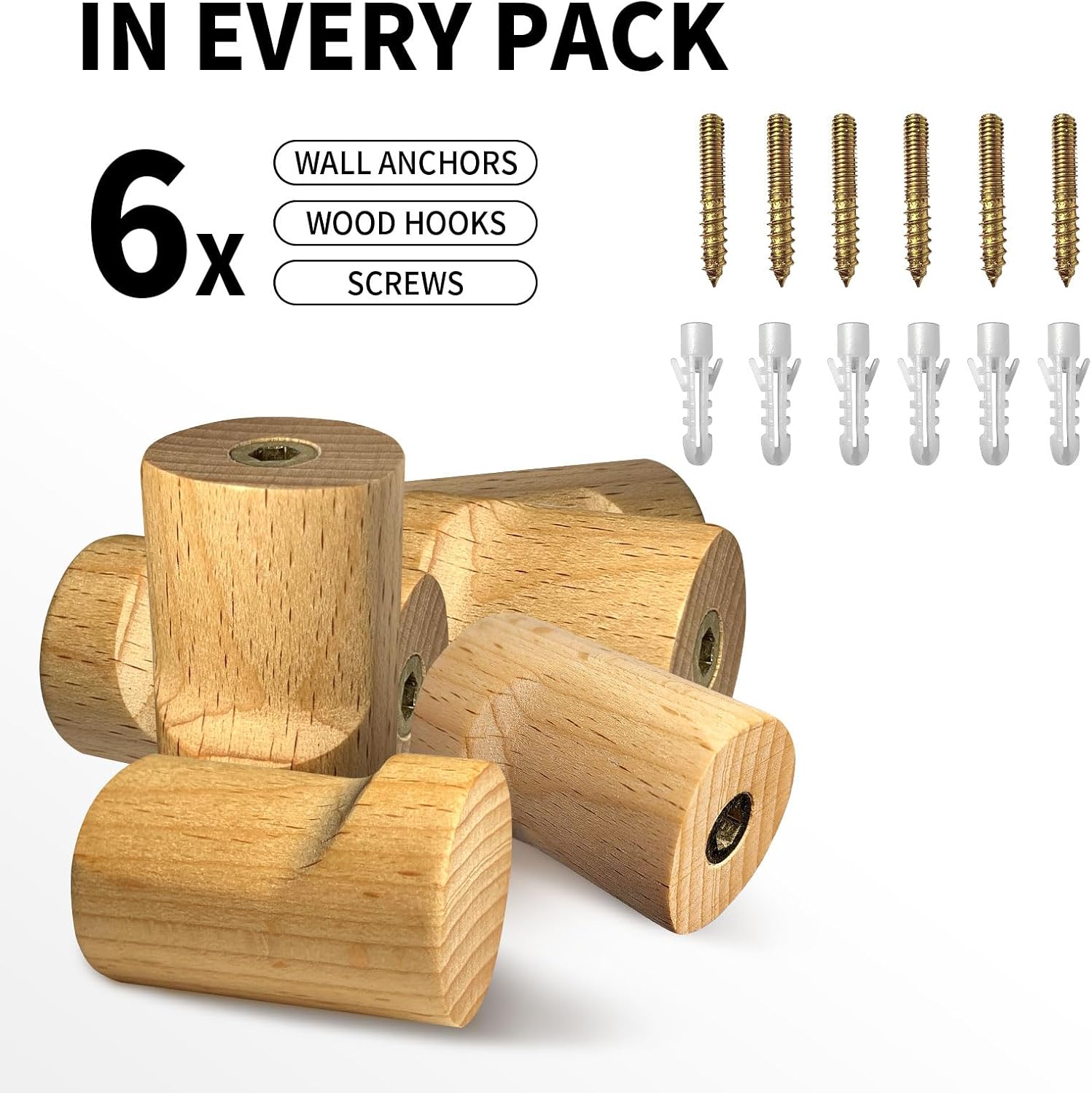 Paquete de 6 ganchos de madera natural para pared, ganchos de madera ...