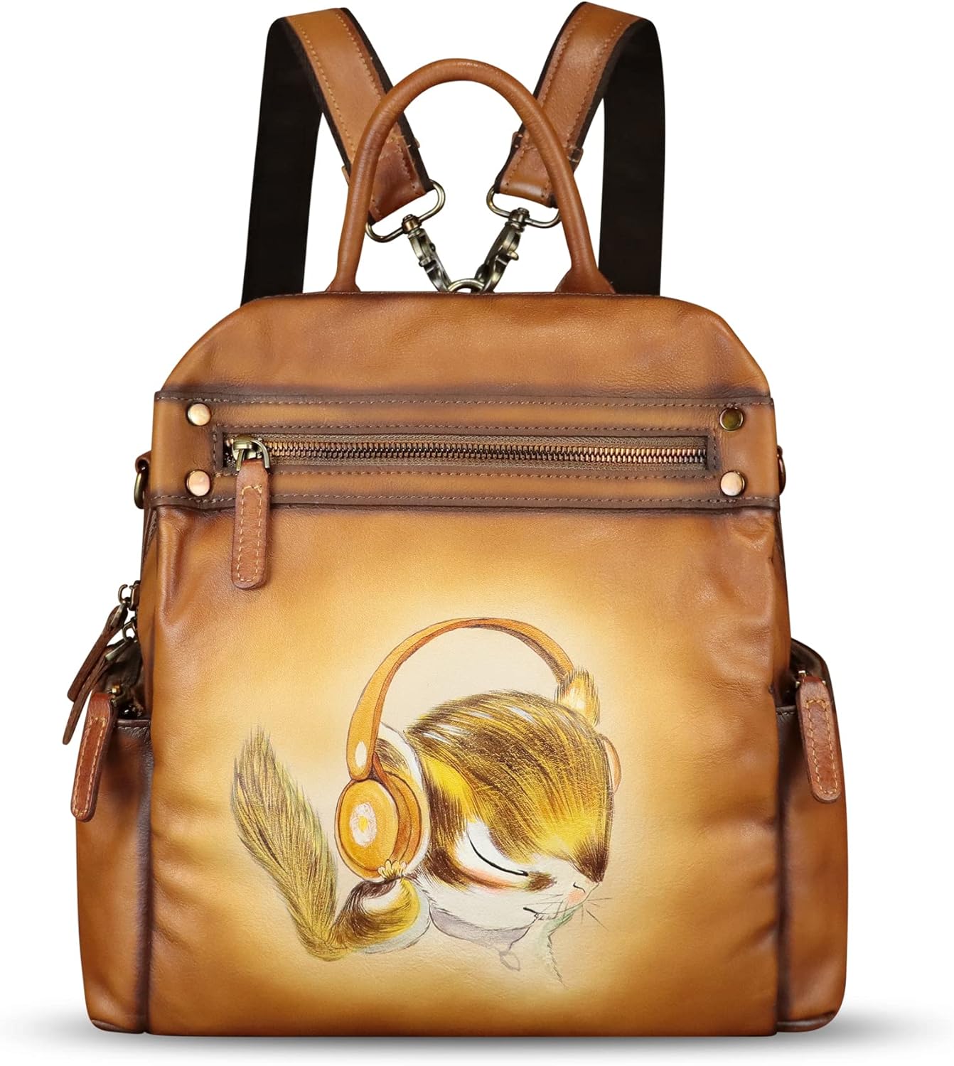 Amazon.com: FEIGITOR Genuine Leather Backpack for Women Hand Painted ...
