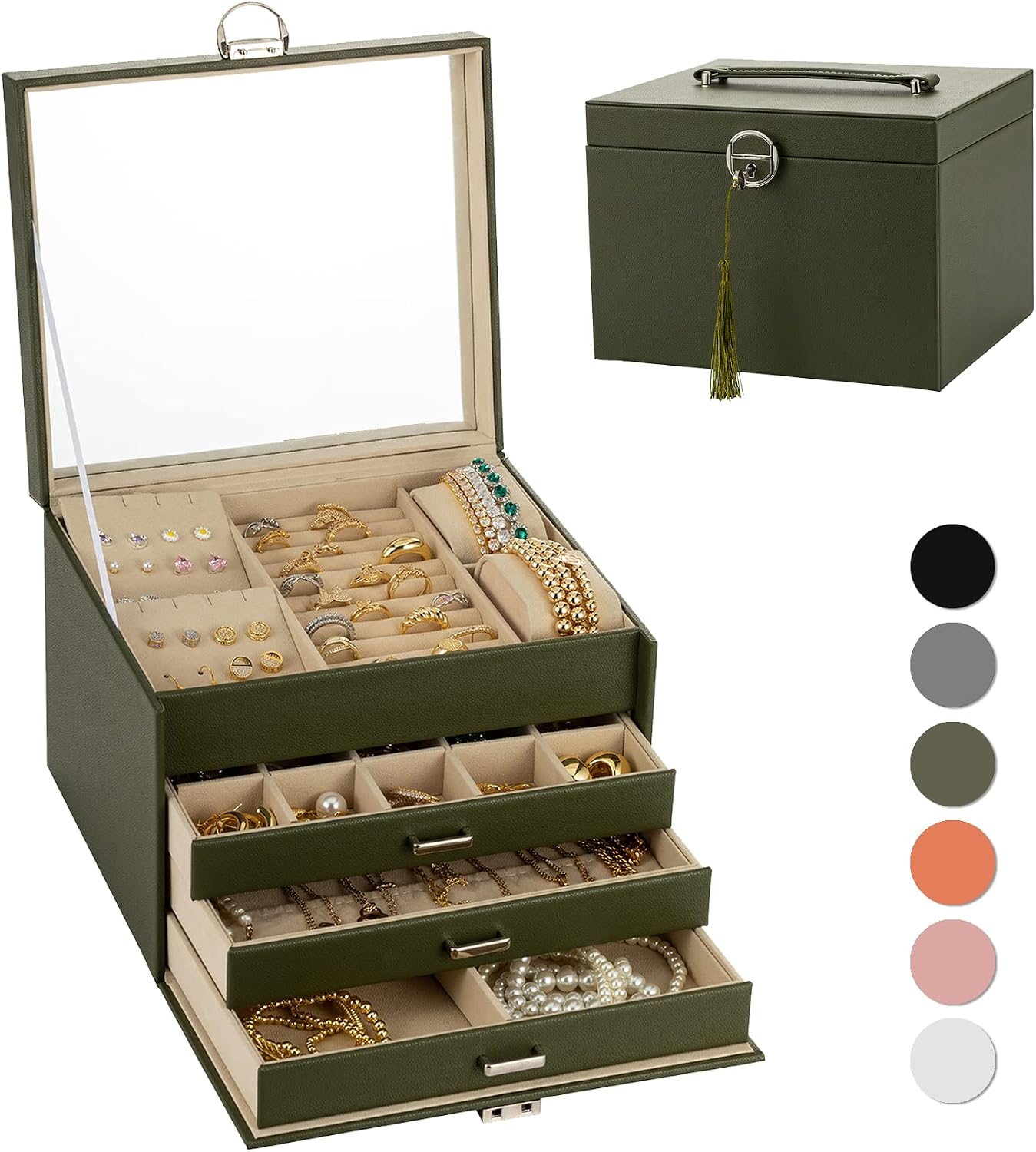 Amazon.com: PABBEU Jewelry Boxes for Women 4 Layer Green Jewelry Box ...