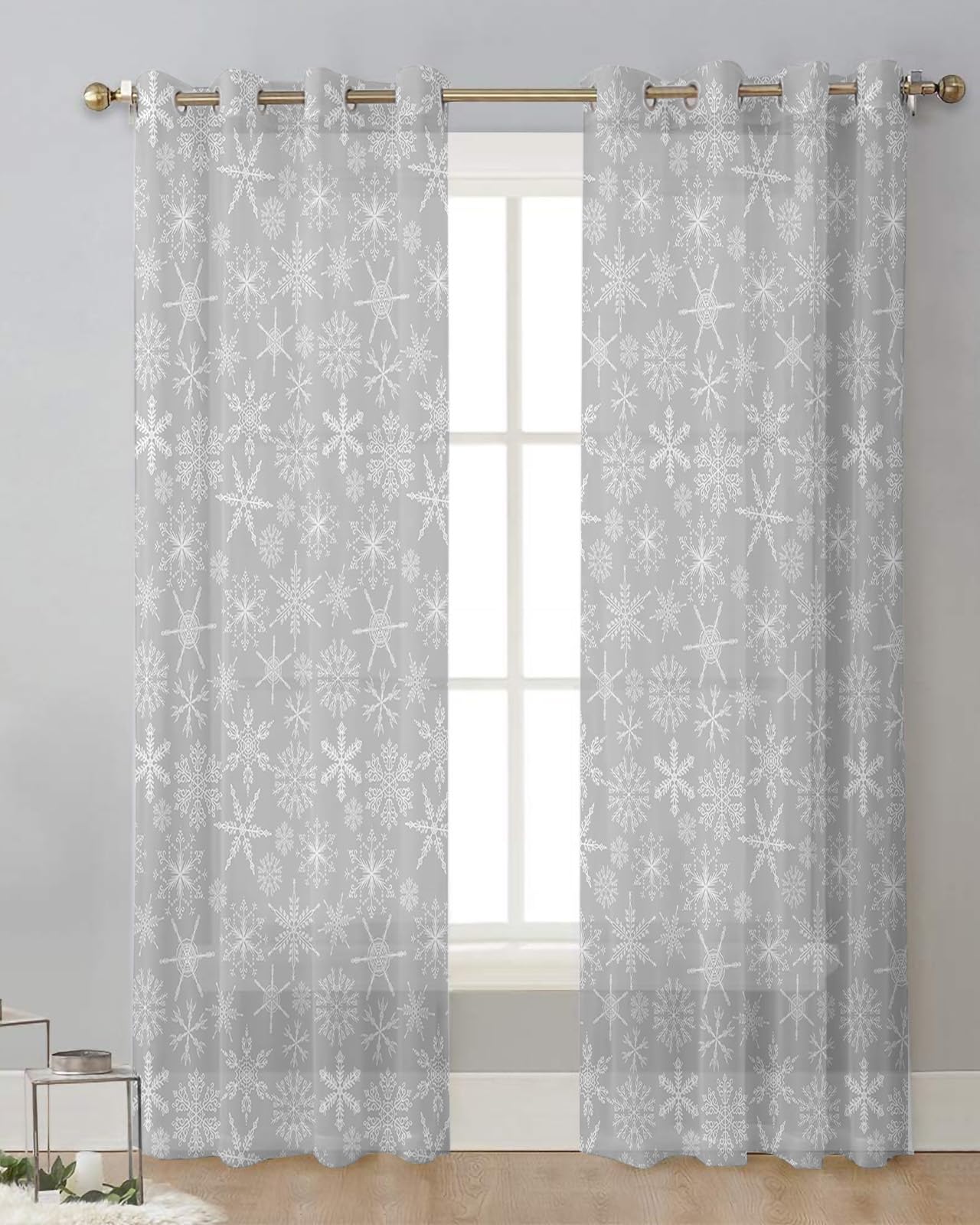 Amazon.com: Grey Snowflake Sheer Curtains 63 Inch Length 2 Panels Set, Grommet Kitchen Curtains ...