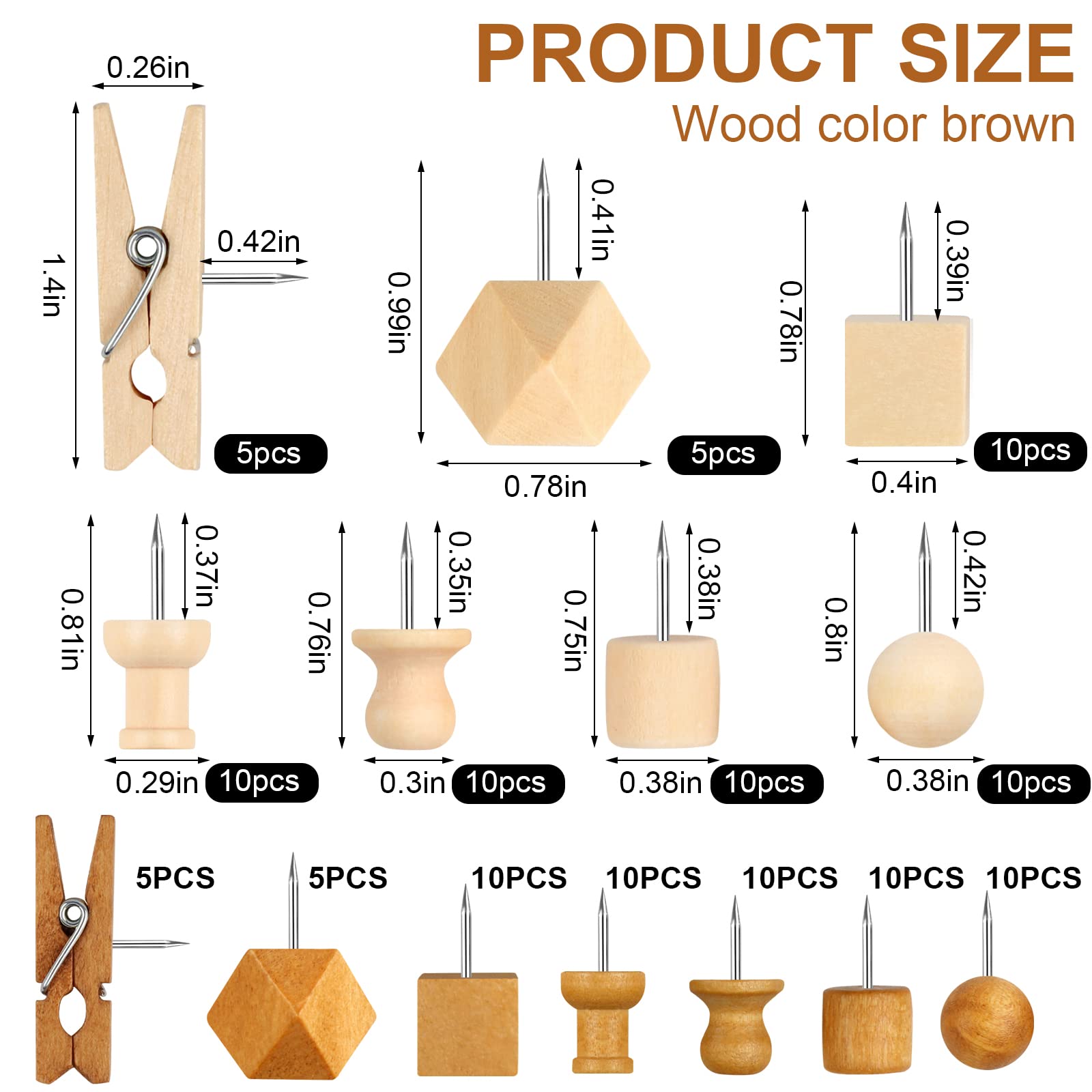 Snapklik.com : 120Pcs Wooden Thumb Tacks, 7 Shapes Push Pins For Cork ...