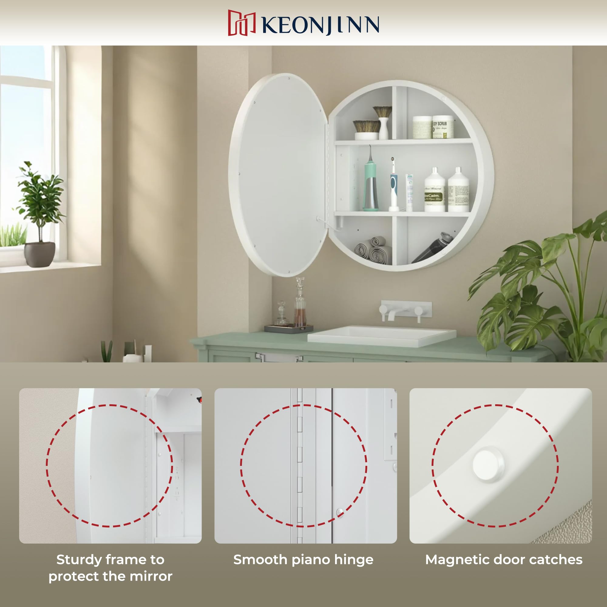 Snapklik.com : Keonjinn 26 Inch Round Medicine Cabinet