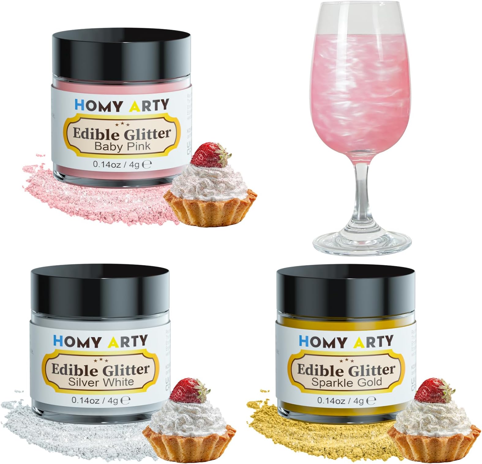Amazon.com : HOMY ARTY Edible Glitter - 3 Colors x 4g, Luster Dust ...