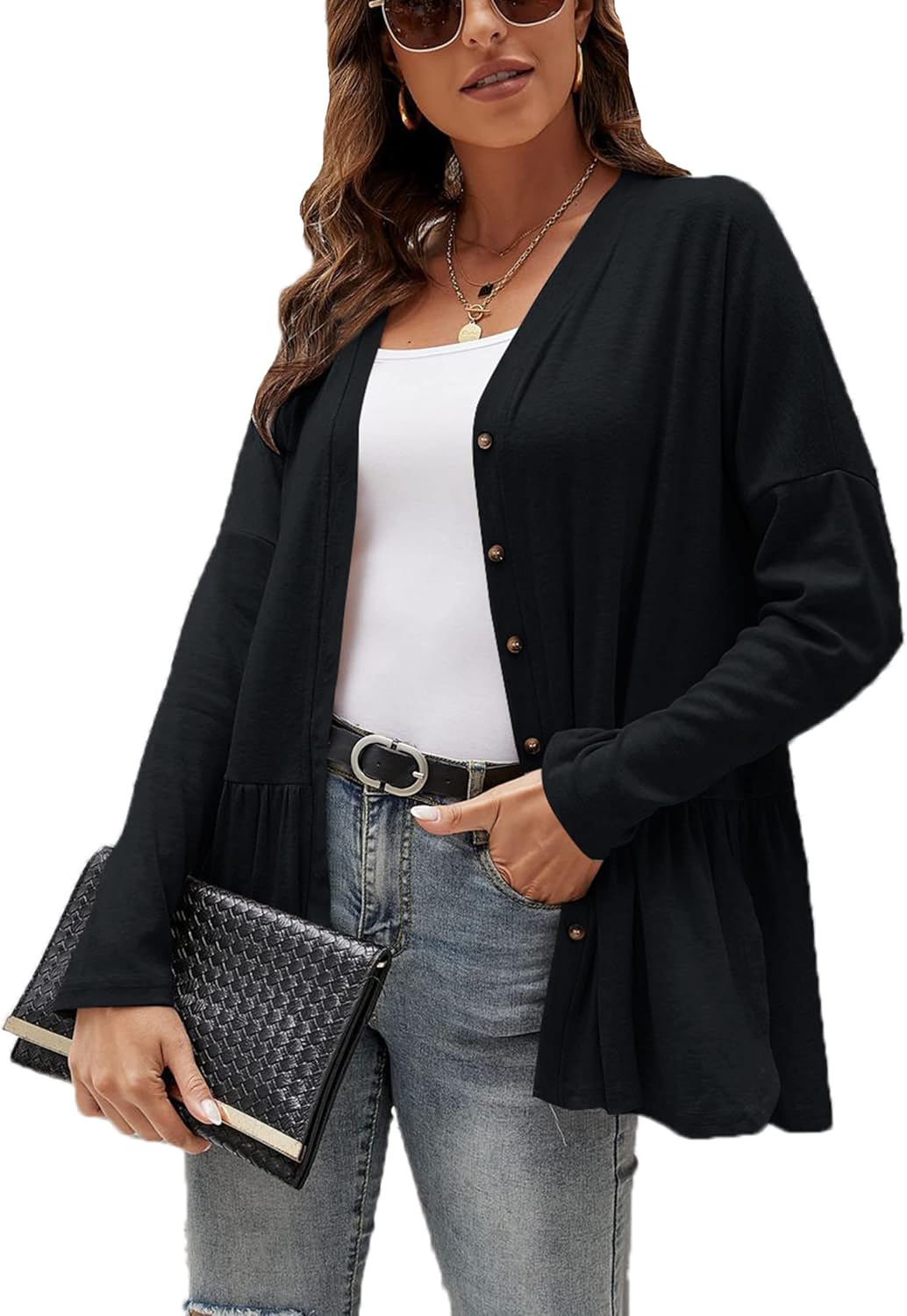 Women's Lightweight Open Front Cardigan Pleated Ruffles Side Split Long ...