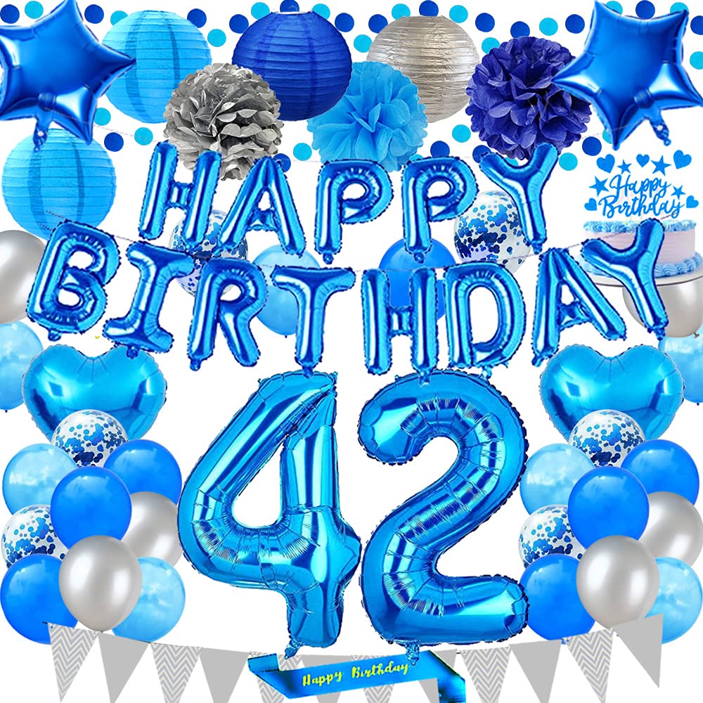 Buy Santonila Blue 42nd Birthday Decorations Happy Birthday Banner Sash ...