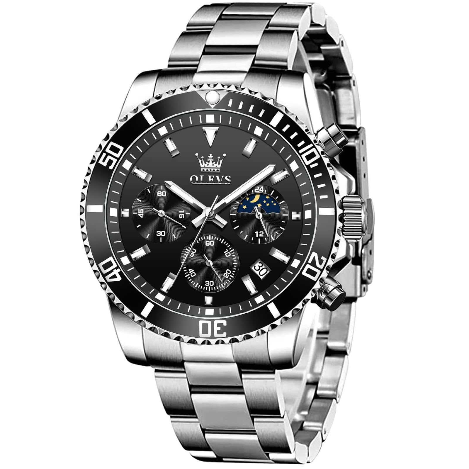 OLEVS Montre Pour Homme, Dive Silver and Black Mens Watches Waterproof ...