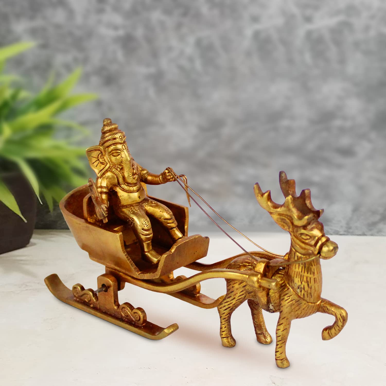 ARTVARKO Brass Ganesha Statue As Santa Pulled By Deer Brass Ganesh ...
