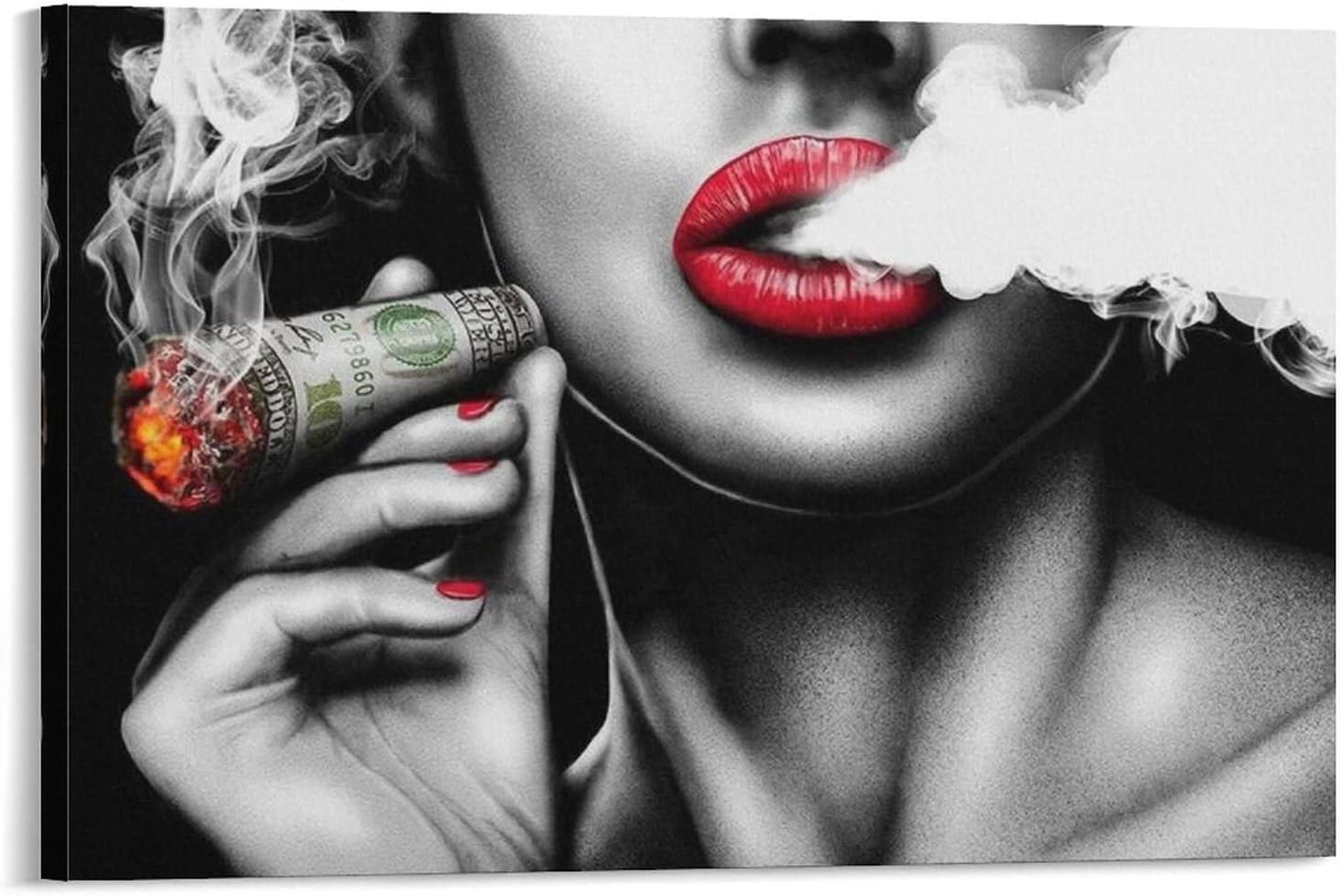 Amazon.com: Canvas Wall Art Smoking Woman Sexy Red Lips Burning Money ...