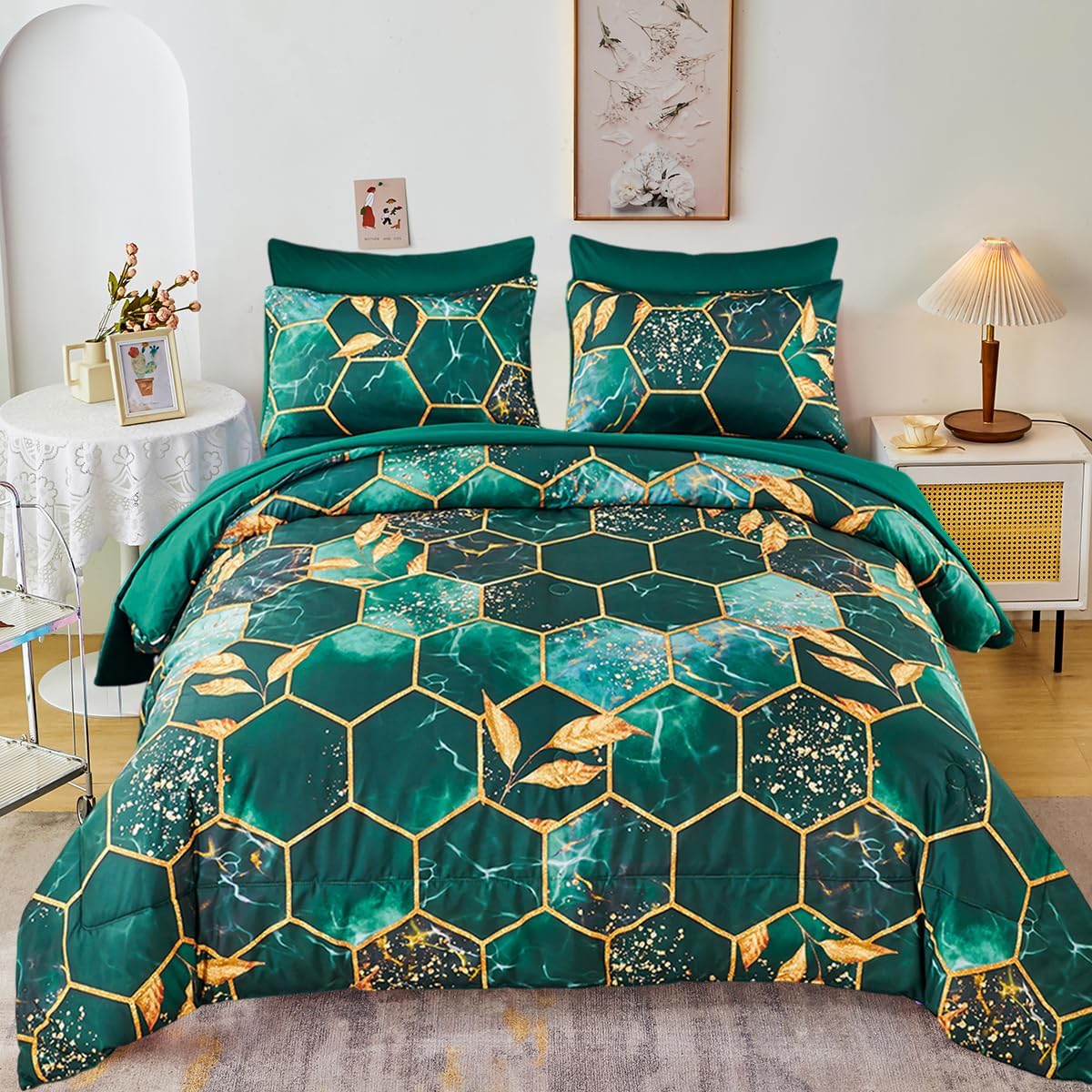 Amazon.com: ZRNBAST Dark Green King Size Comforter Set Geometric ...