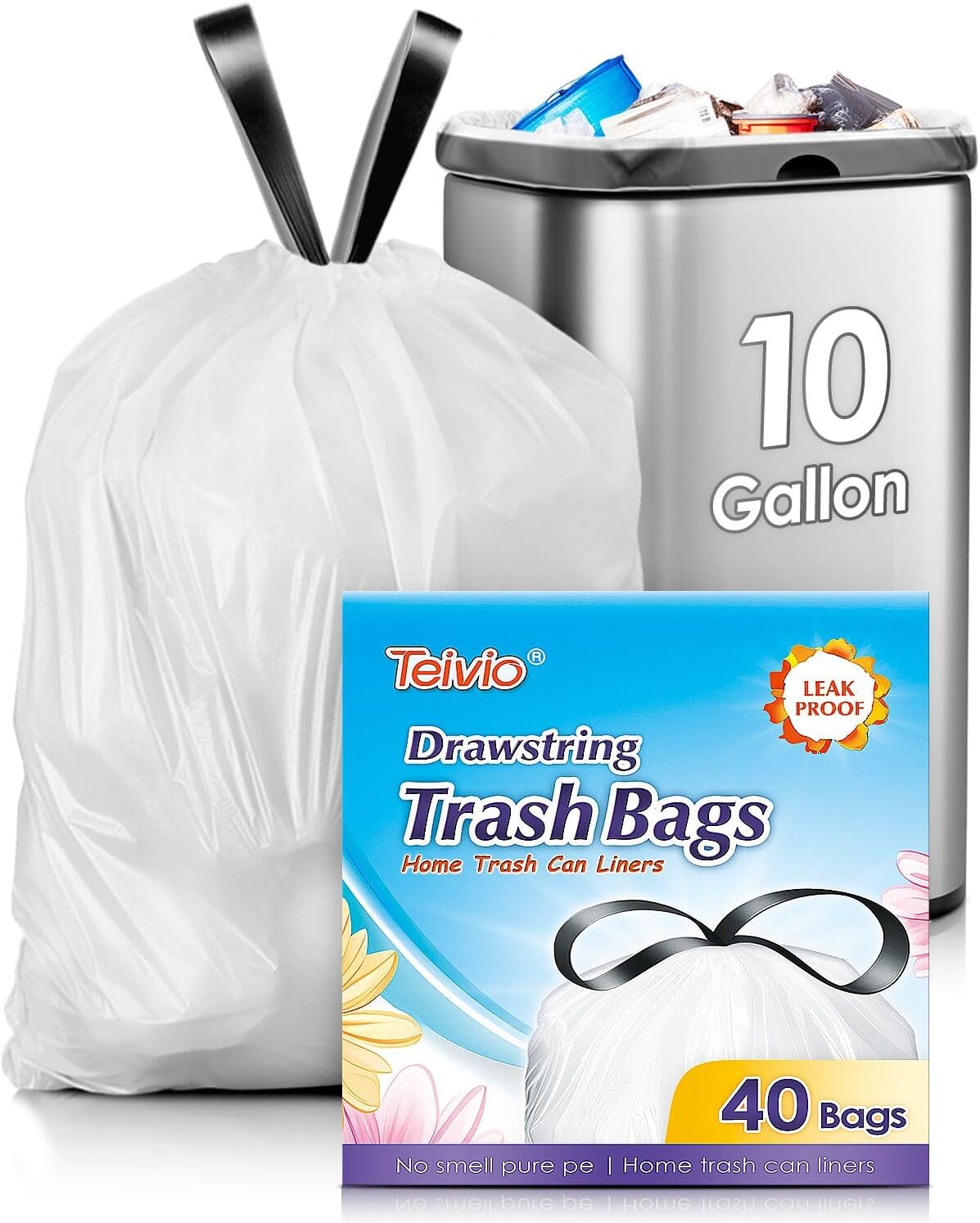 Amazon.com: Teivio 10 Gallon Drawstring Trash Bags 40 Counts Medium ...