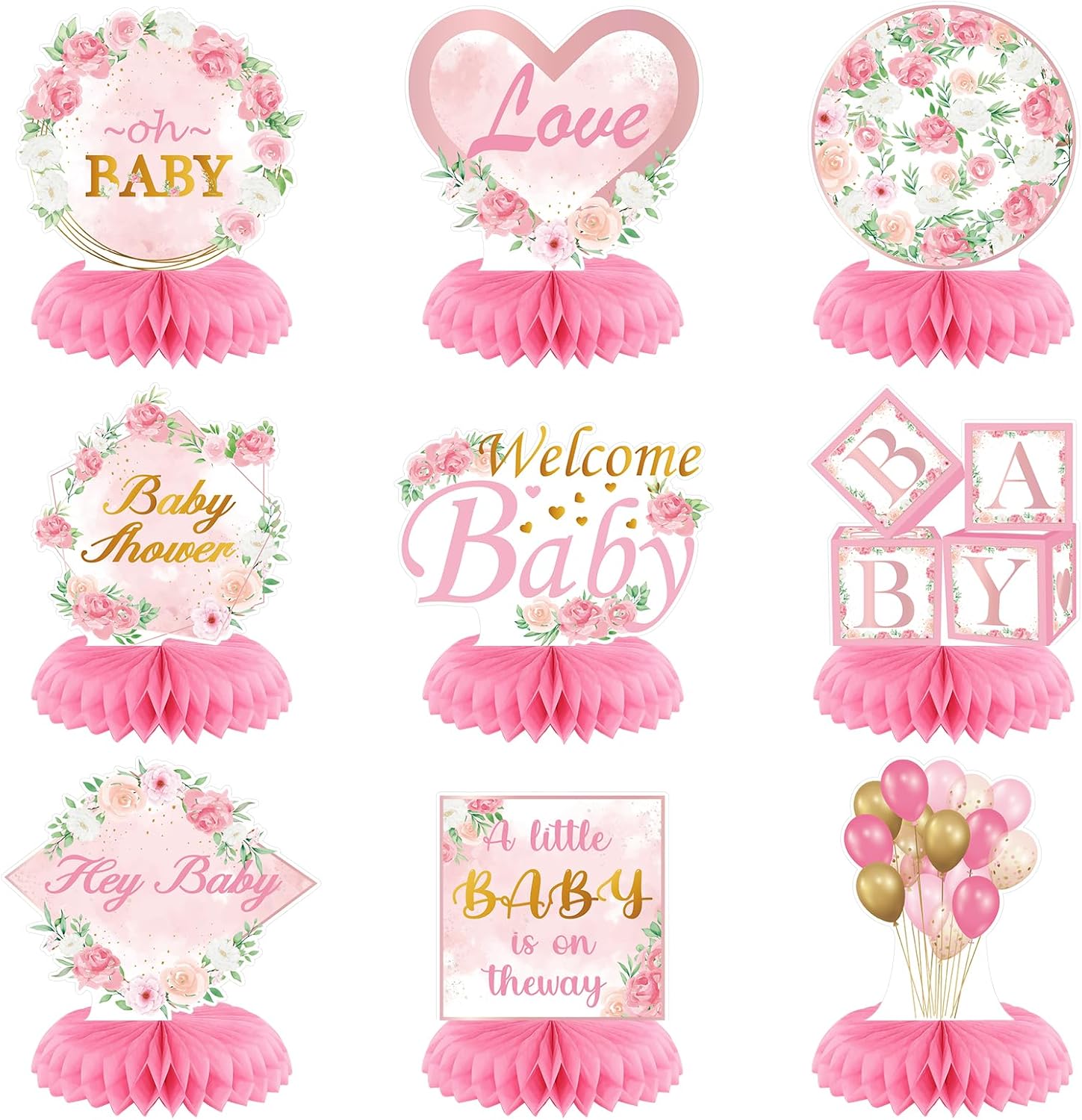 Amazon.com: Weecent 9 Pcs Pink Rose Gold Baby Shower Honeycomb ...
