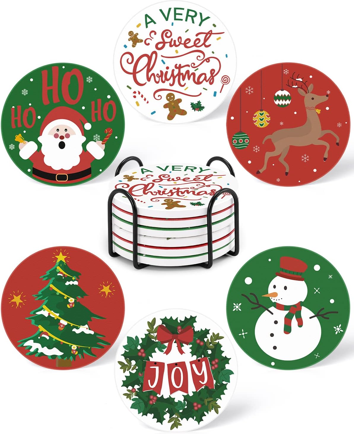 Amazon.com: Christmas Coasters with Metal Holder Idea Round Absorbent ...