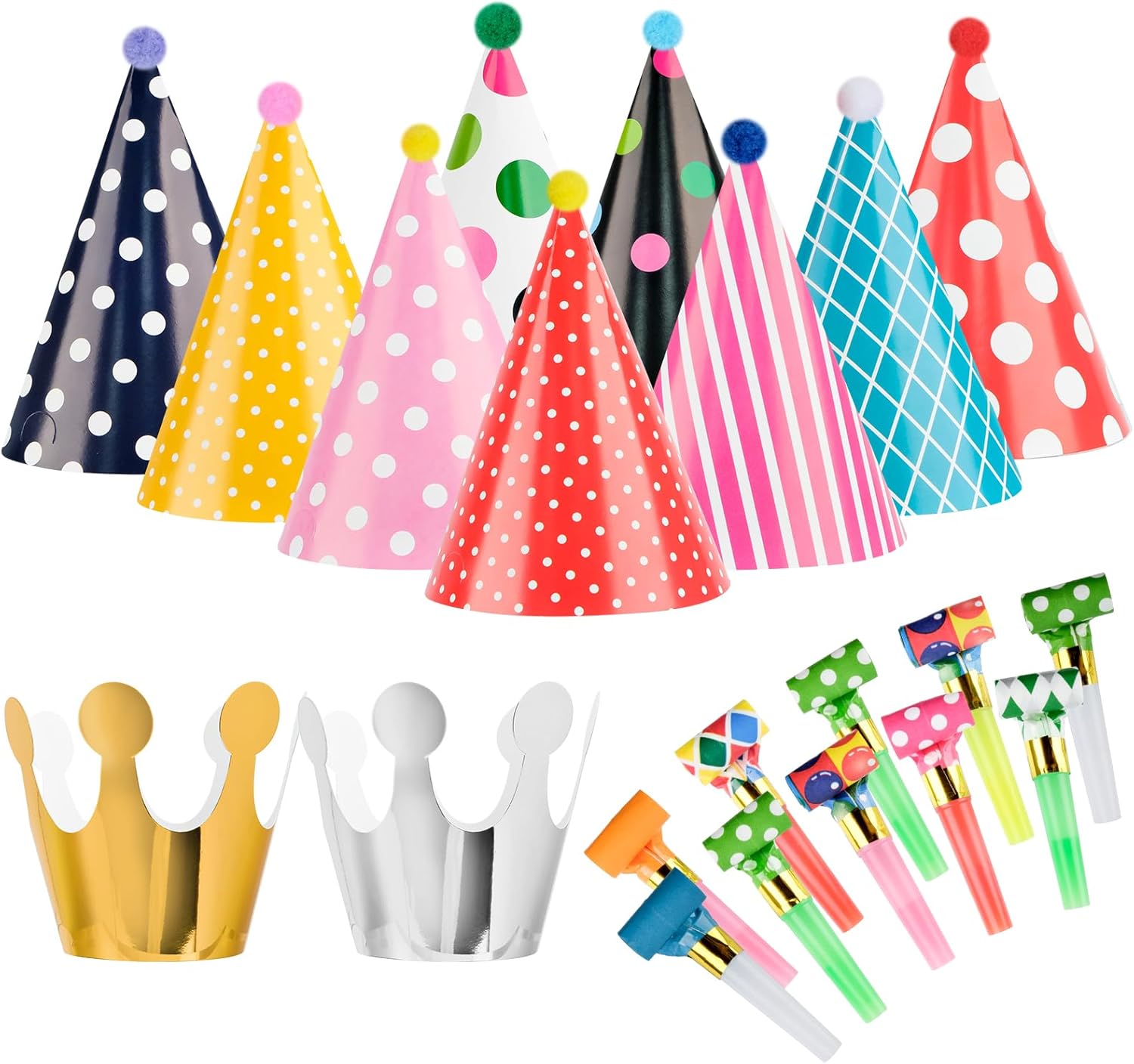 Aila 11PCS Birthday Hats Set - Cone Hats, Pom Poms, Crowns, Blowouts ...