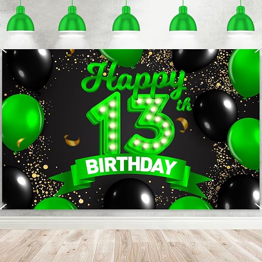 Amazon.com: Happy 13th Birthday Green and Black Banner Backdrop Cheers ...