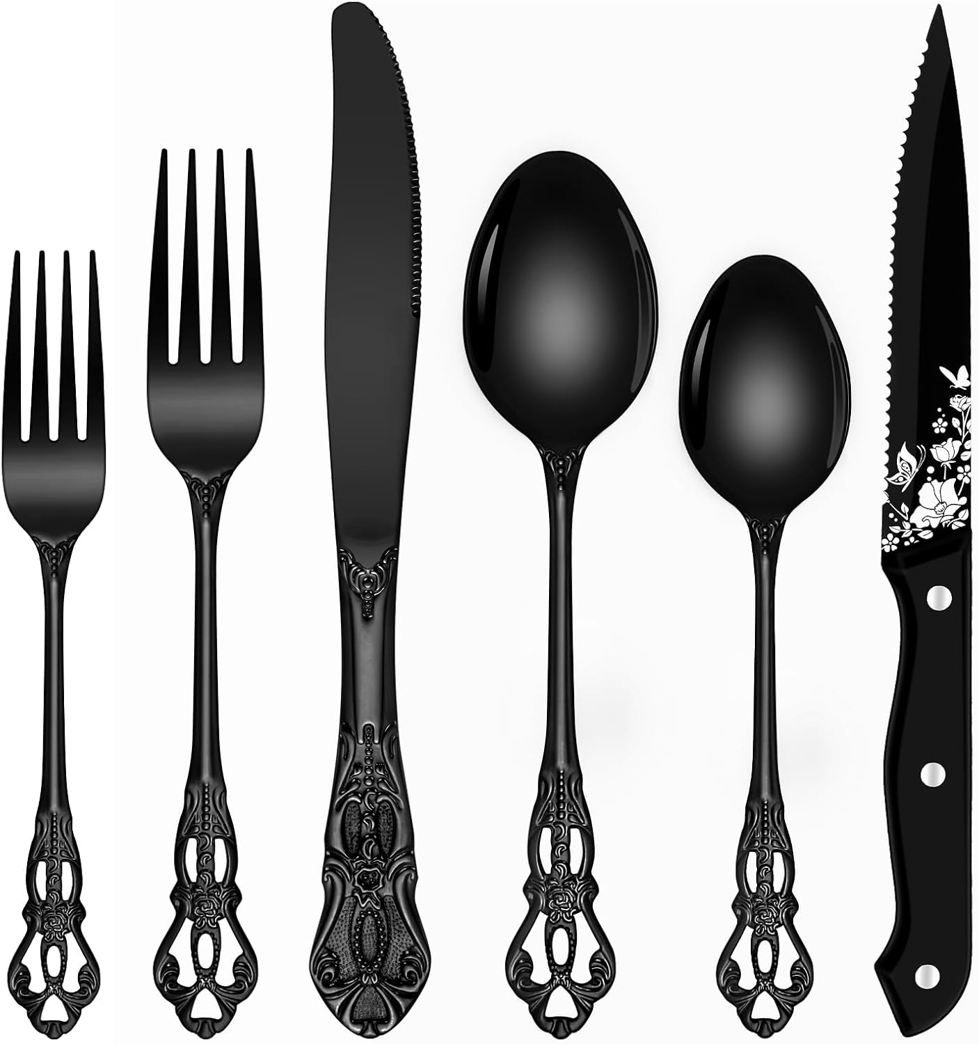 Amazon.com | Black Silverware Set, Ollex 24 PCS Retro Royal Silverware ...