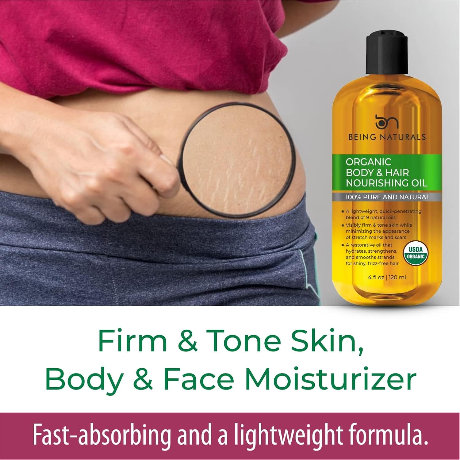 Being Naturals Aceite orgánico para el cabello y el cuerpo para estrías ...