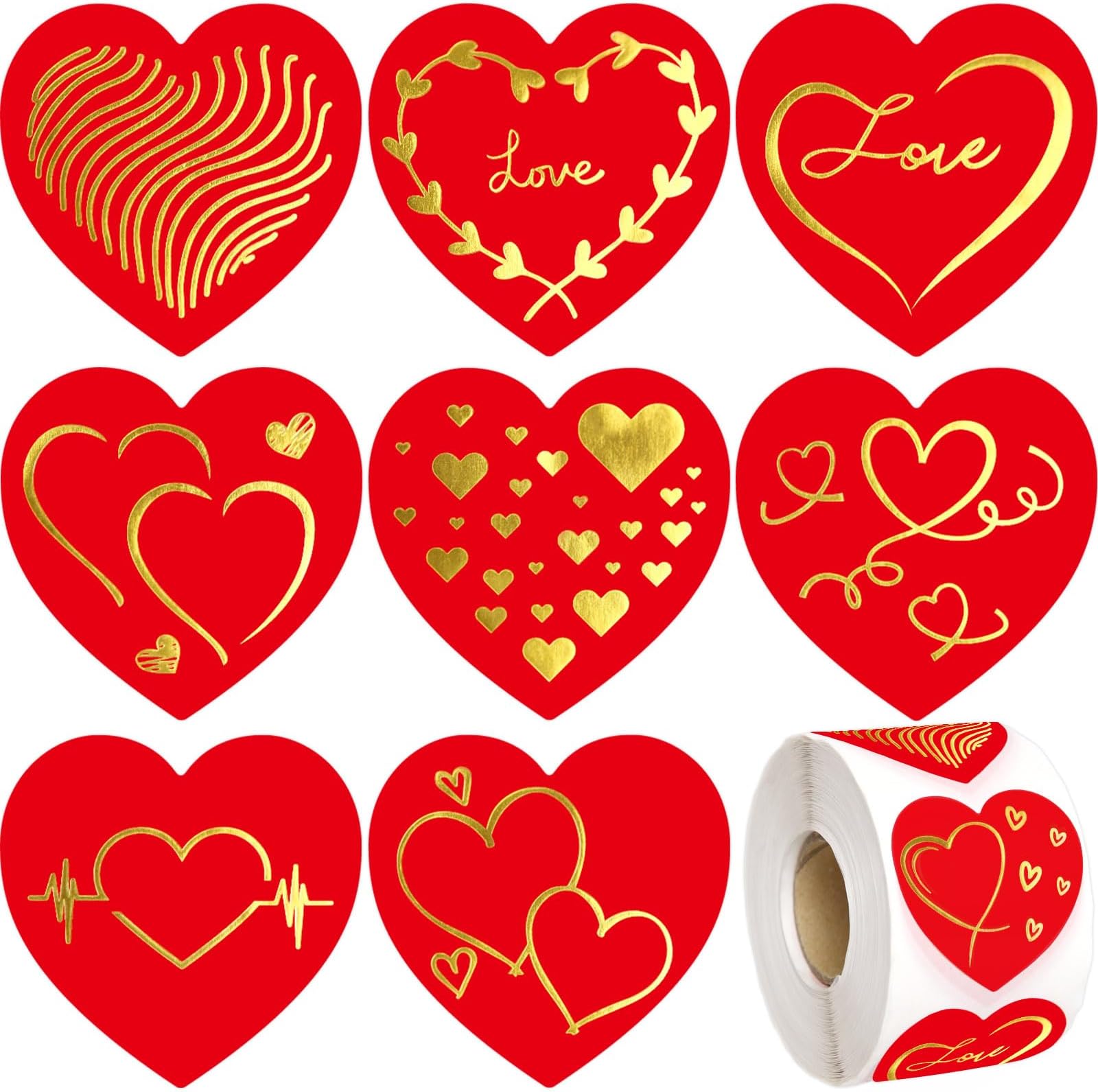 Amazon.com: Valentine's Day Red Heart Stickers Gold Foil Heart Shaped ...
