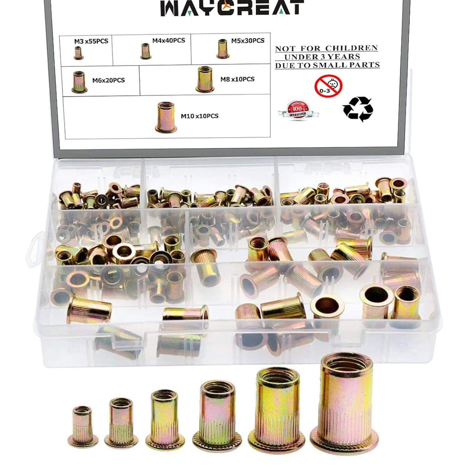 Waycreat 165Pcs M3 M4 M5 M6 M8 M10 Rivet Nuts, Metric Flat Head Insert ...