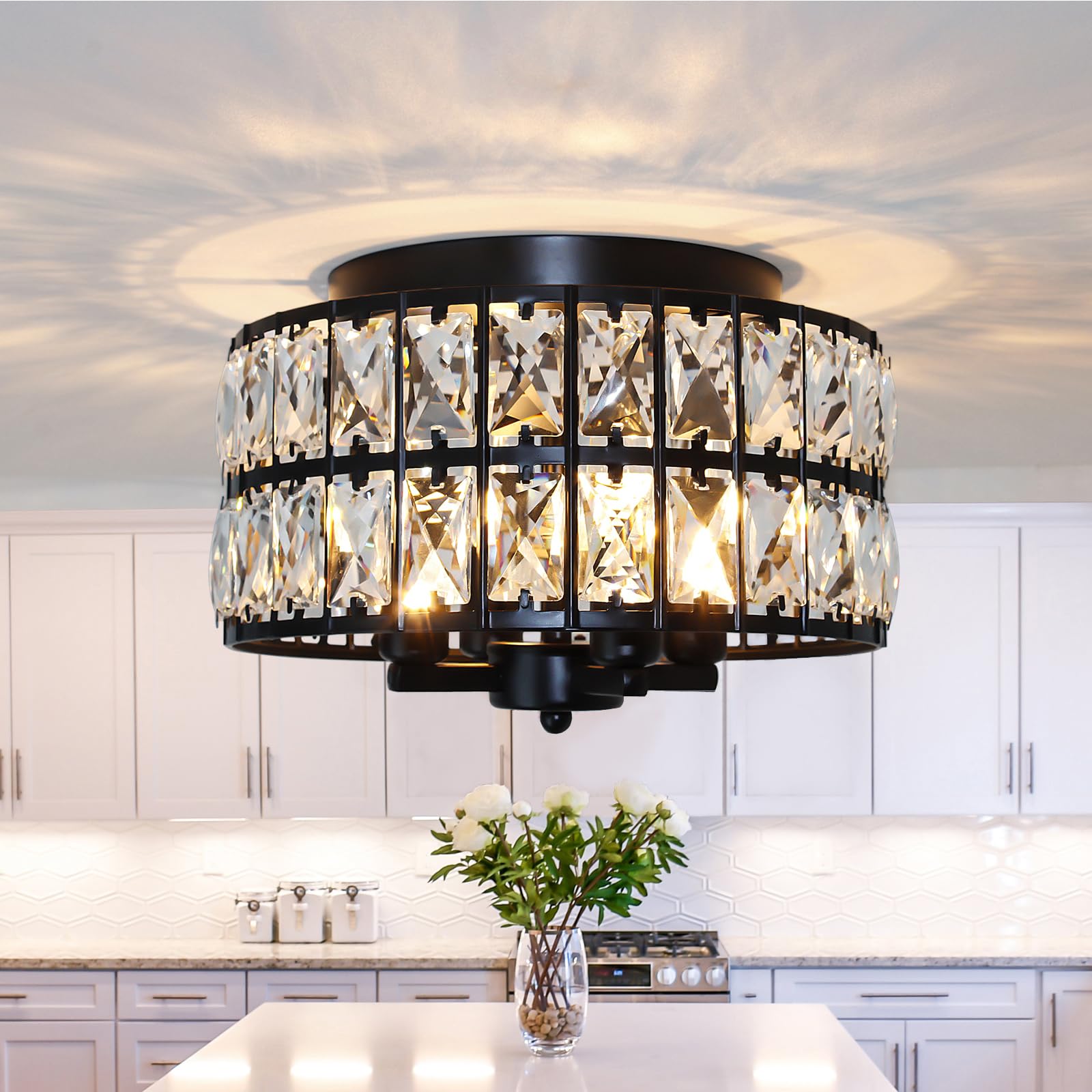 Rviezza Black Crystal Ceiling Light, 4-Light Modern Industrial Metal ...
