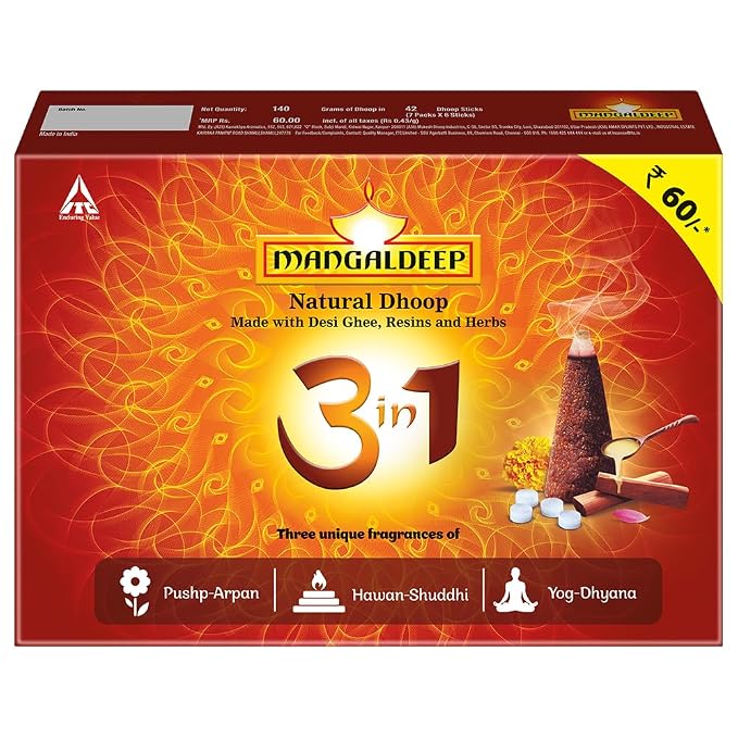 Mangaldeep Dhoop 3 in 1 - Made with Desi Ghee, Resins & Herbs - Easy to ...
