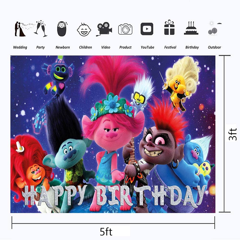 Buy YouRan Trolls Happy Birthday Backdrop 5x3ft Pink Poppy Rocker Queen ...