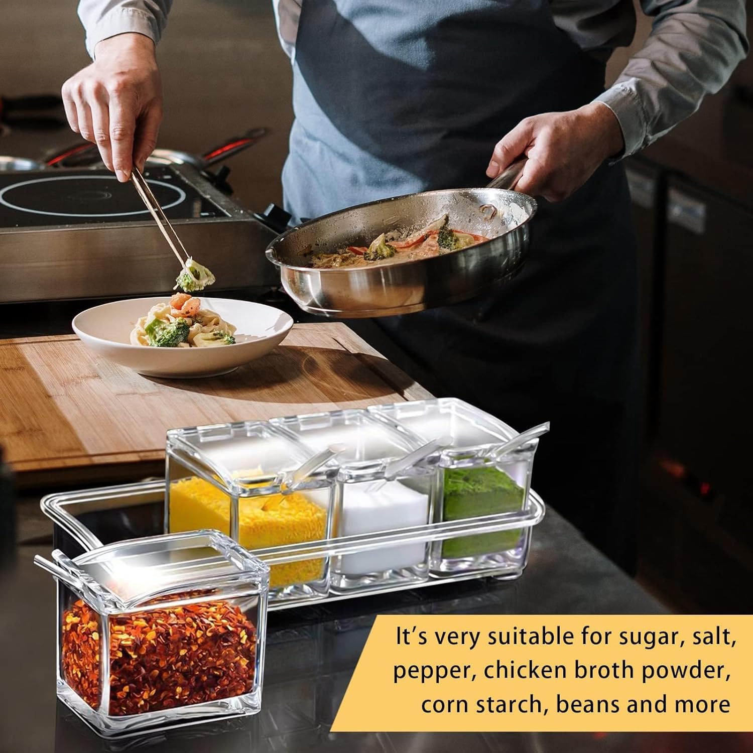 Faxco Caja de especias transparente de 4 celdas, contenedor de ...