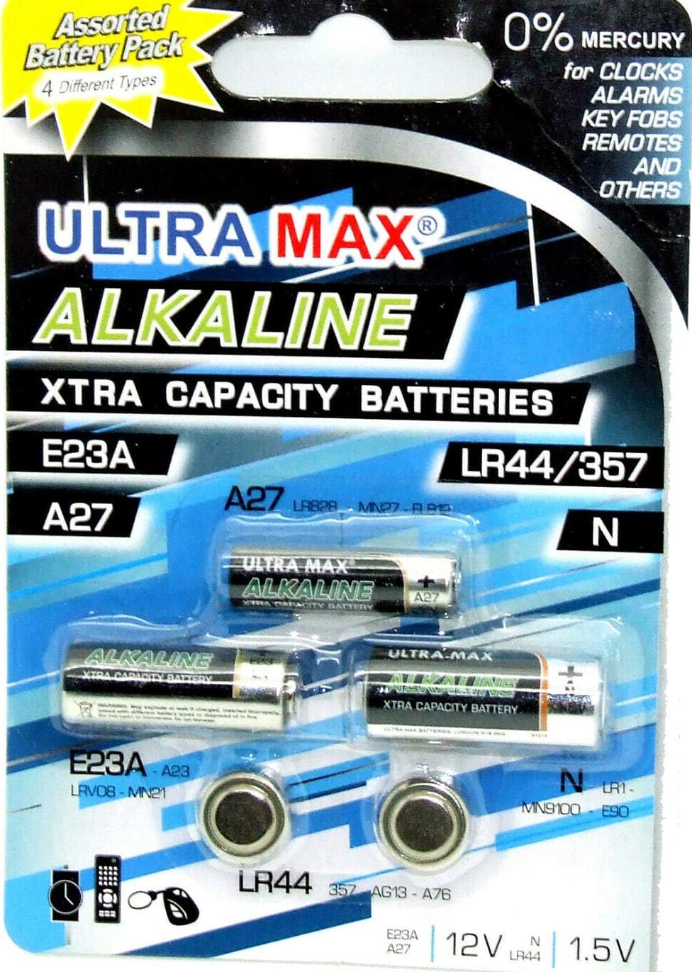 Ultra Max Alkaline Xtra Capacity Batteries LR44 x 2, A27 x 1, E23A x 1 ...