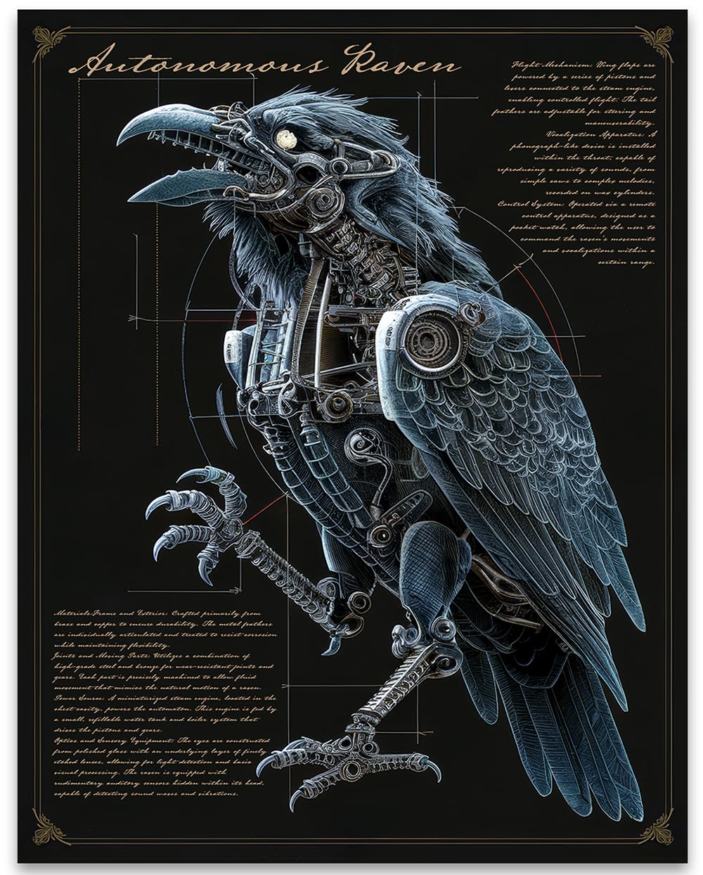 Steampunk Raven Blueprint Poster 11x14 Unframed Poster Dark Academia ...