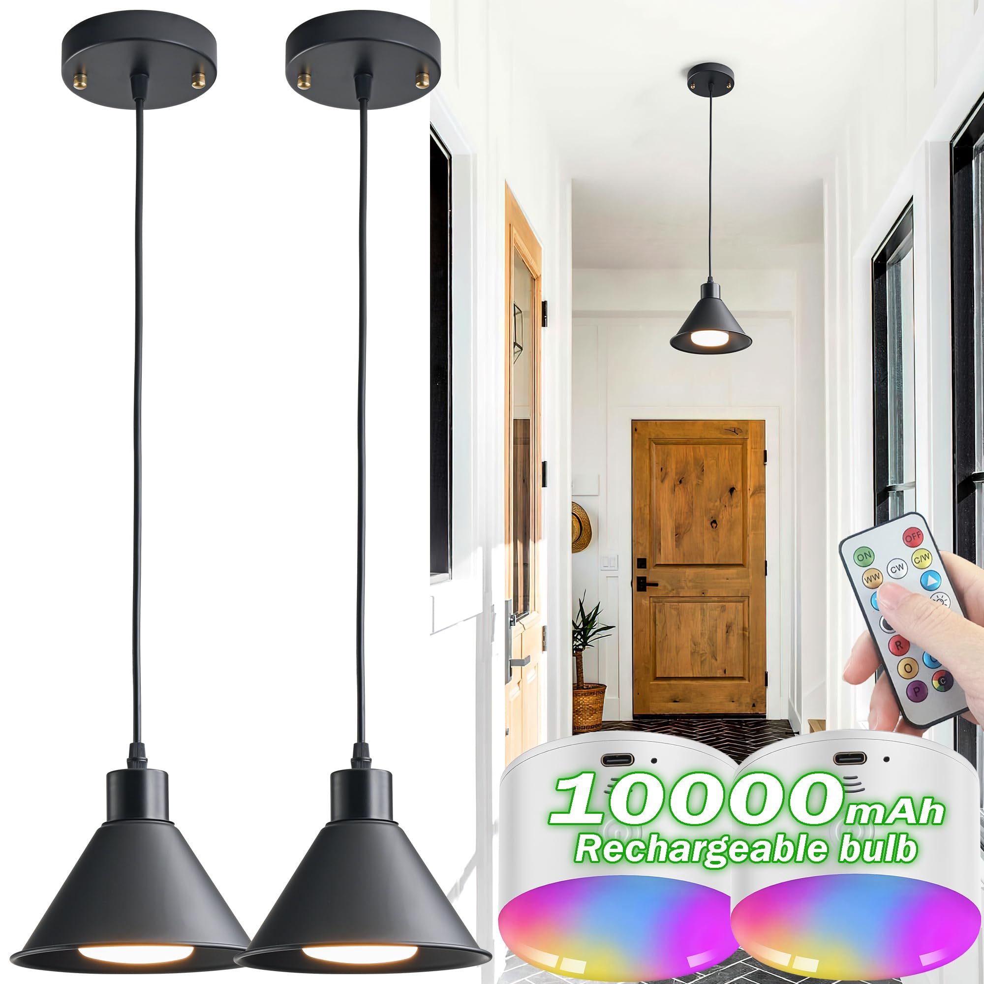 SlHYFMO Battery Operated Pendant Light Set of 2, RGB Color Changing ...