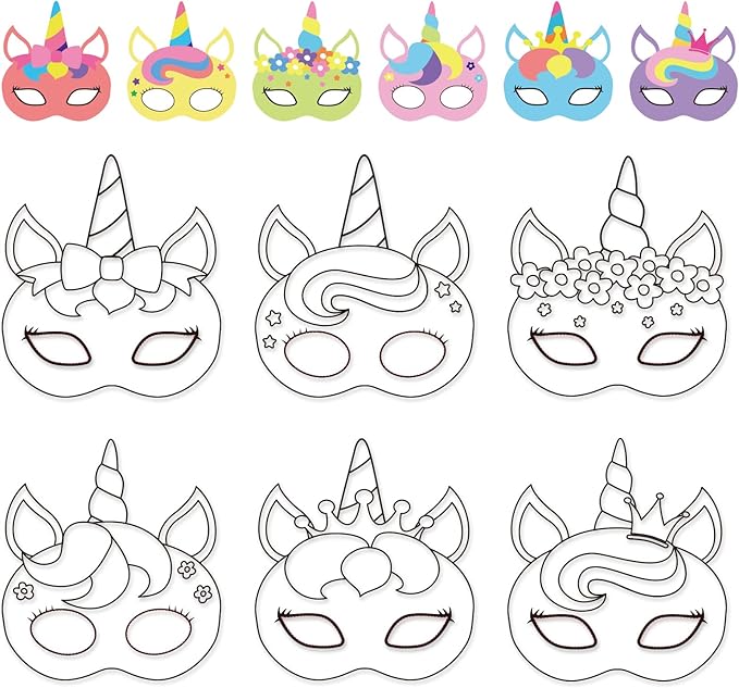 24 Pcs Color Your Own Unicorn Mask DIY Rainbow Unicorn Paper Mask Craft ...