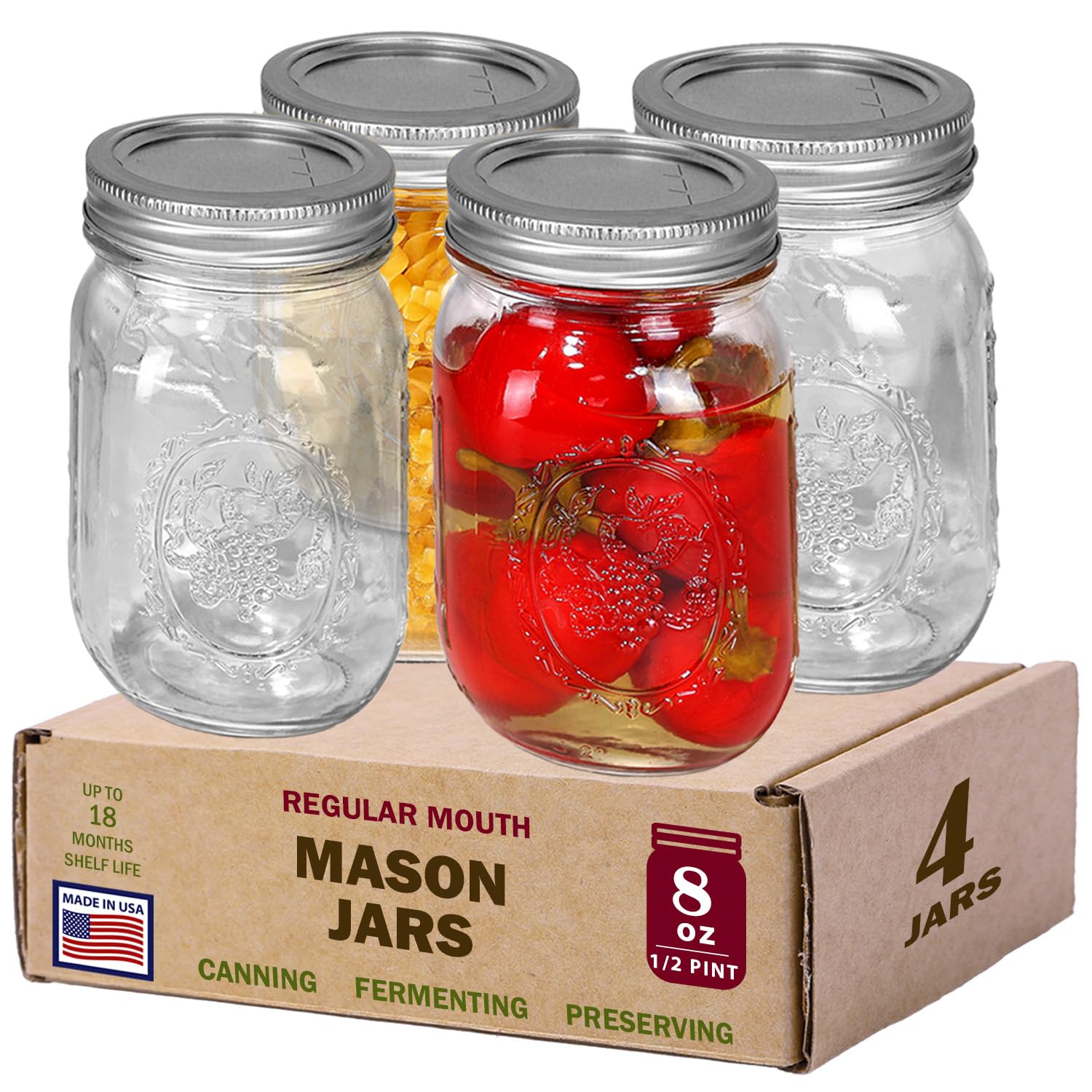 Amazon.com: Regular Mouth Mason Jars 8 oz. (4 Pack) - Half Pint Size ...