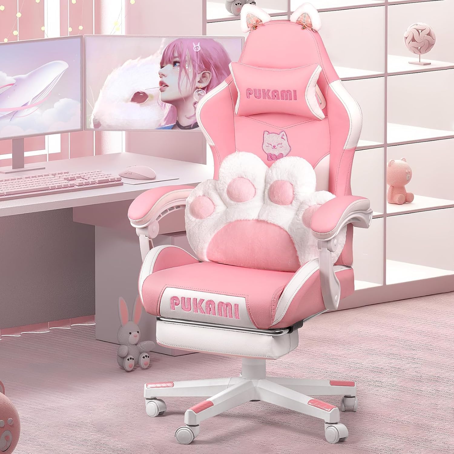 PUKAMI Pink Gaming Chair with Cat Ears and Cat Paw Cushion Pillow,Cute ...
