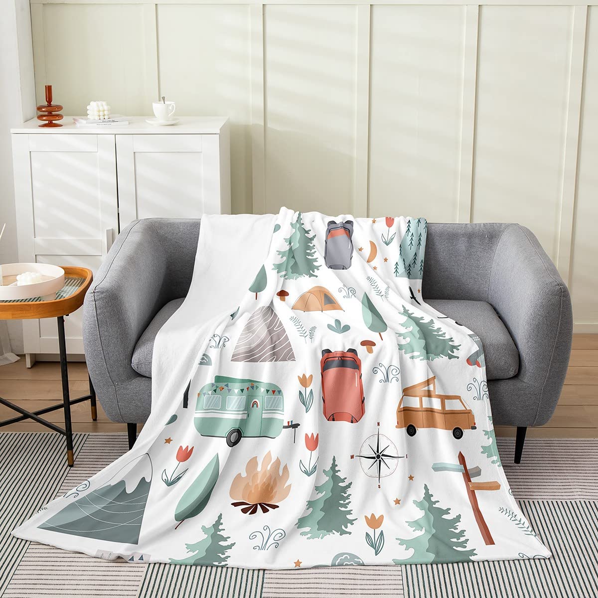 Amazon.com: Kids Camper Theme Throw Blanket Twin, Happy Camping Fleece ...