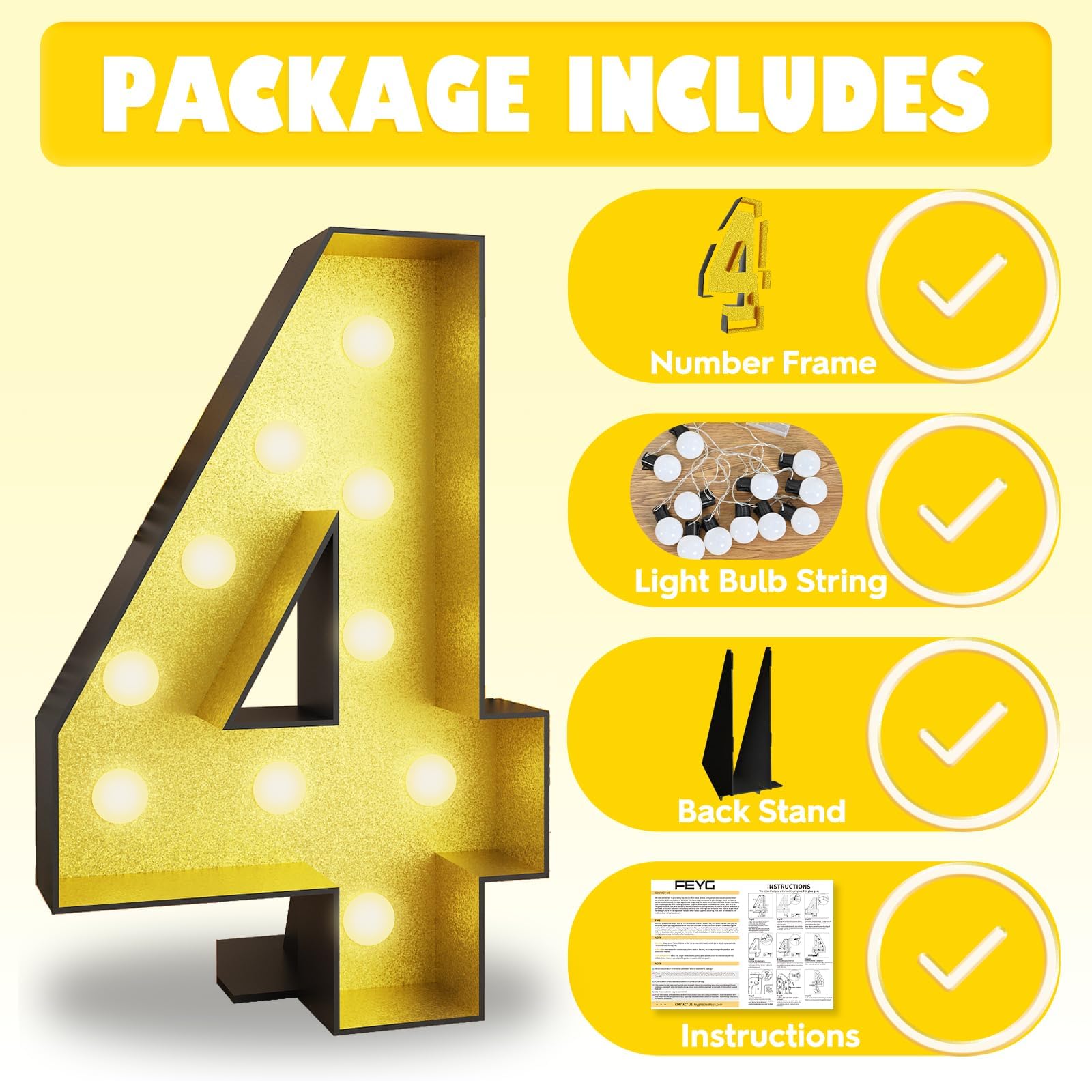 Snapklik.com : 4FT Marquee 4 Numbers, Light Up 4 Glitter Gold Giant ...
