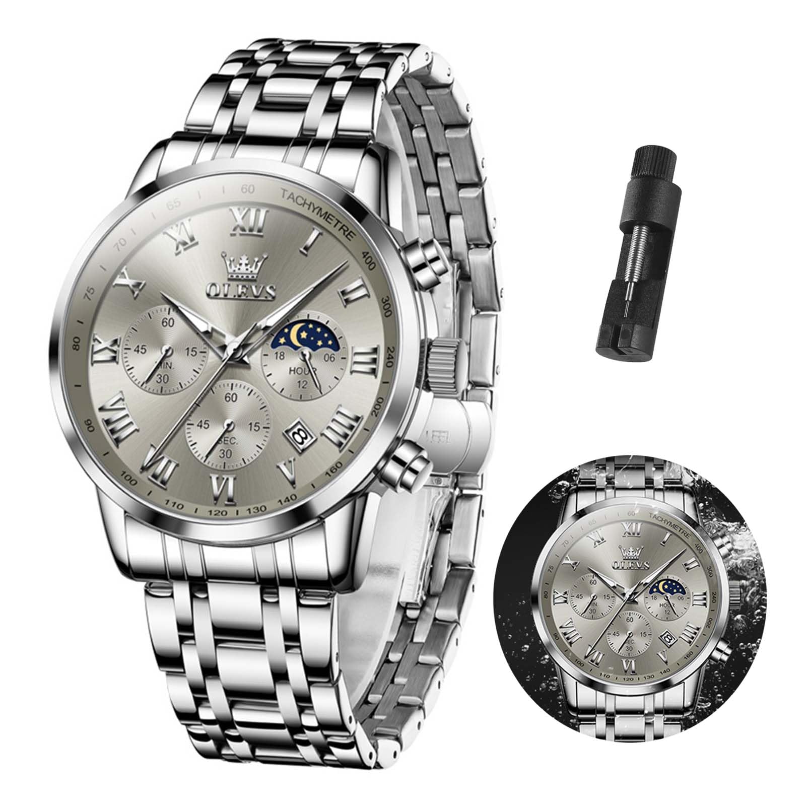 OLEVS Watches for Men Stainless Steel Waterproof Mens Watches with Day ...
