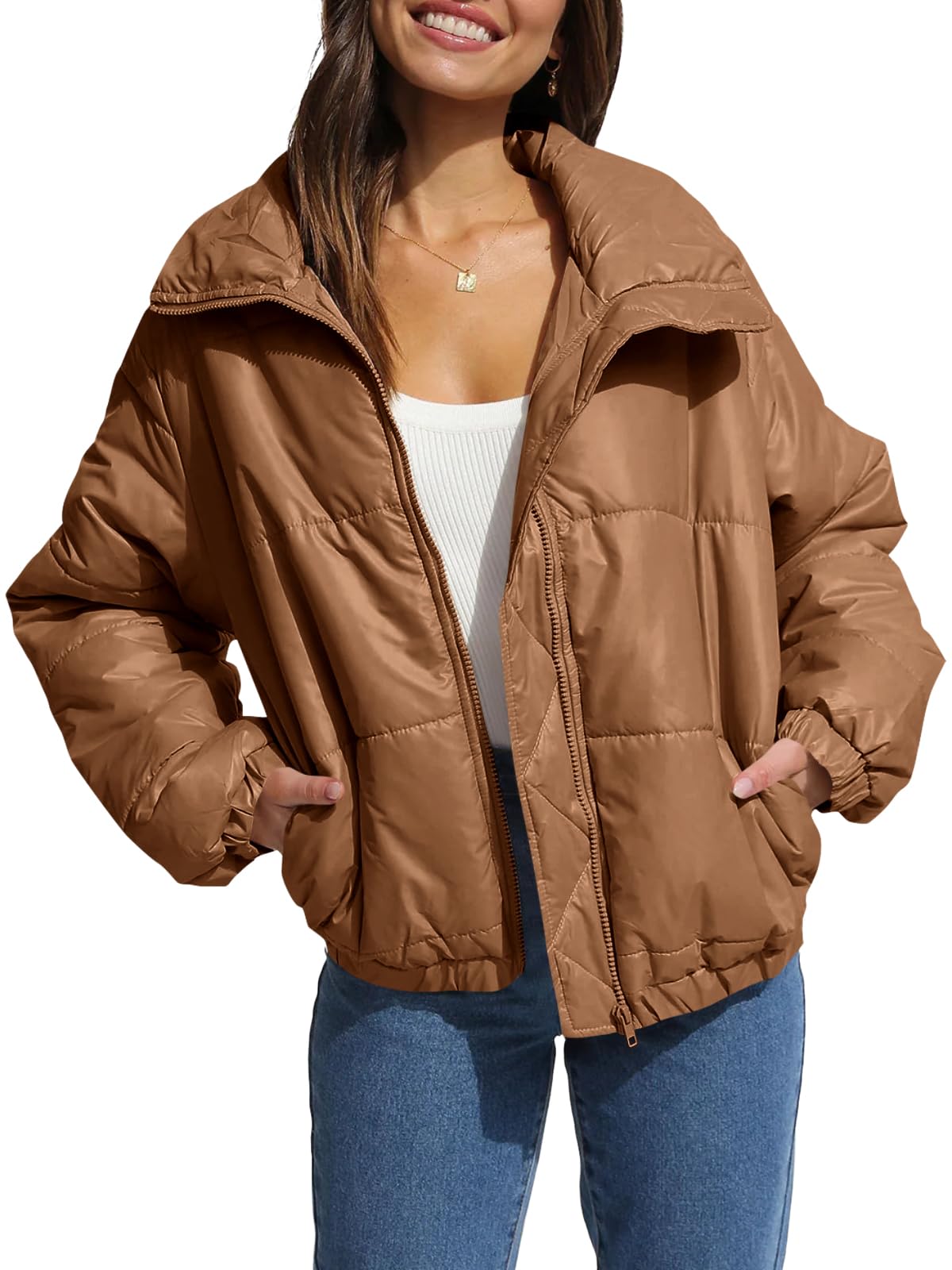 Tankaneo Women's Winter Puffer Jacket Long Sleeve Zip Oversized Short ...