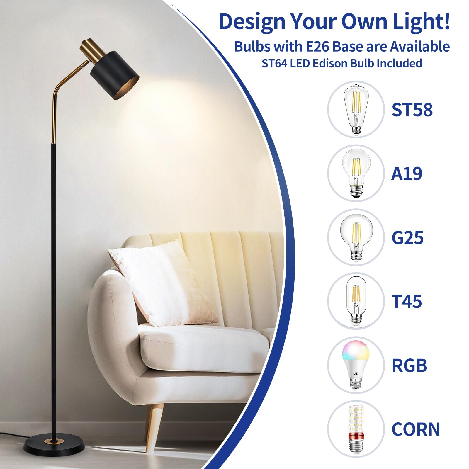 O'NEELDY Modern LED Industrial Floor Lamps for Living Room, 12W Home ...