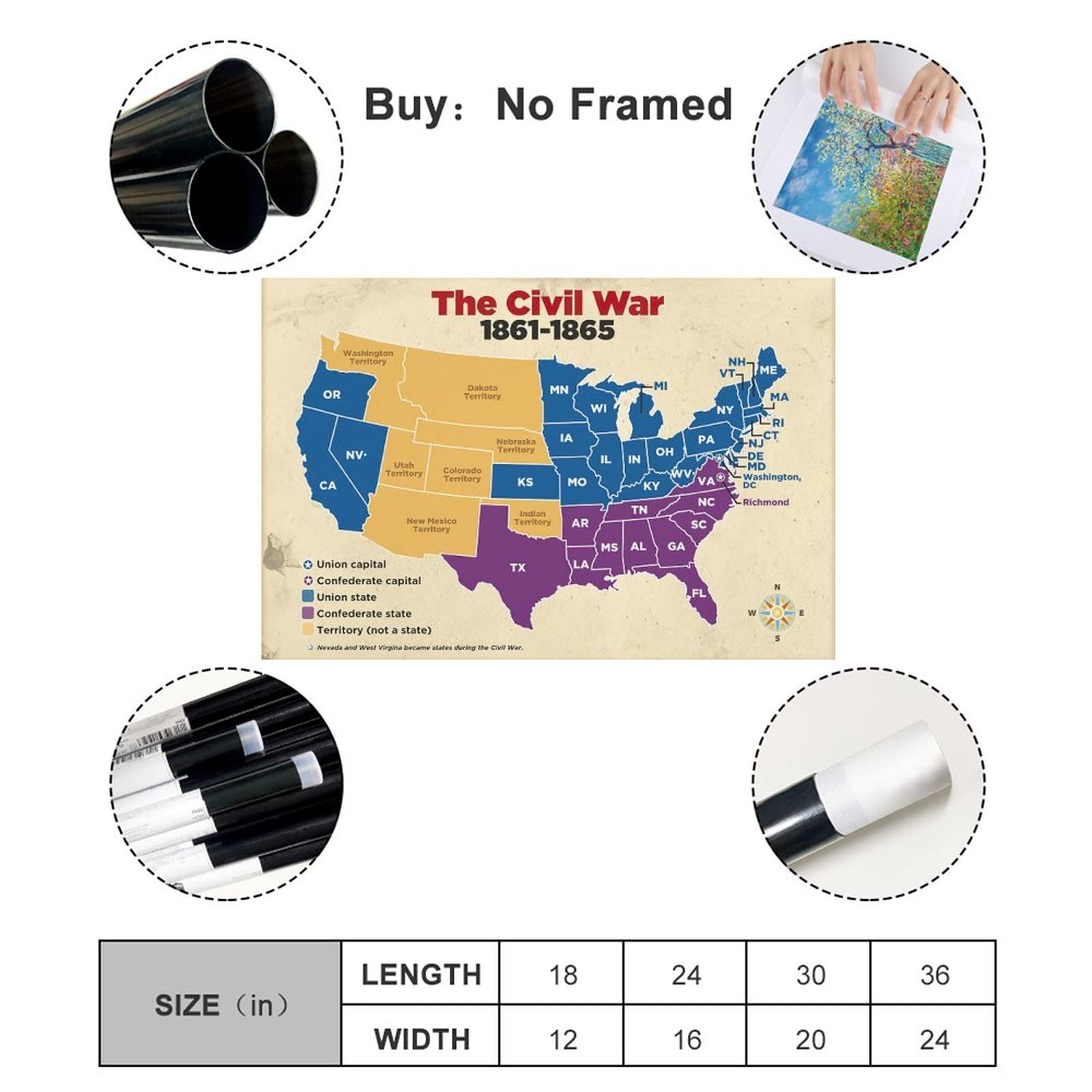 Us Map Poster American Civil War Map Classroom Poster - 12x18 Inch ...