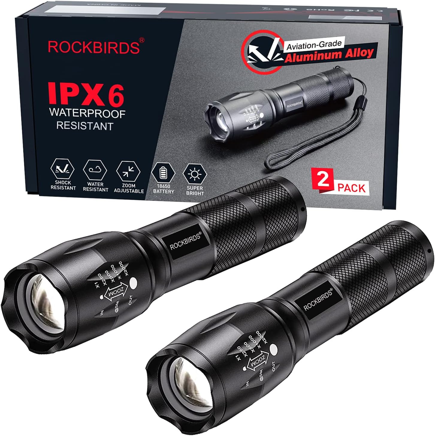 ROCKBIRDS LED Flashlight, 2 Pack High Lumen Handheld Light with 5 Modes ...