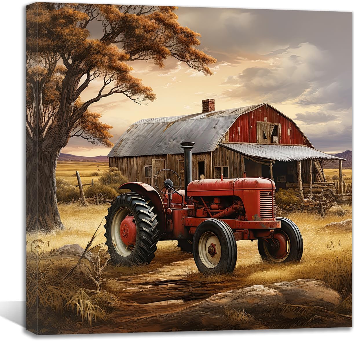 Amazon.com: QIXIANG Red Tractor Canvas Wall Art Rustic Old Barn ...